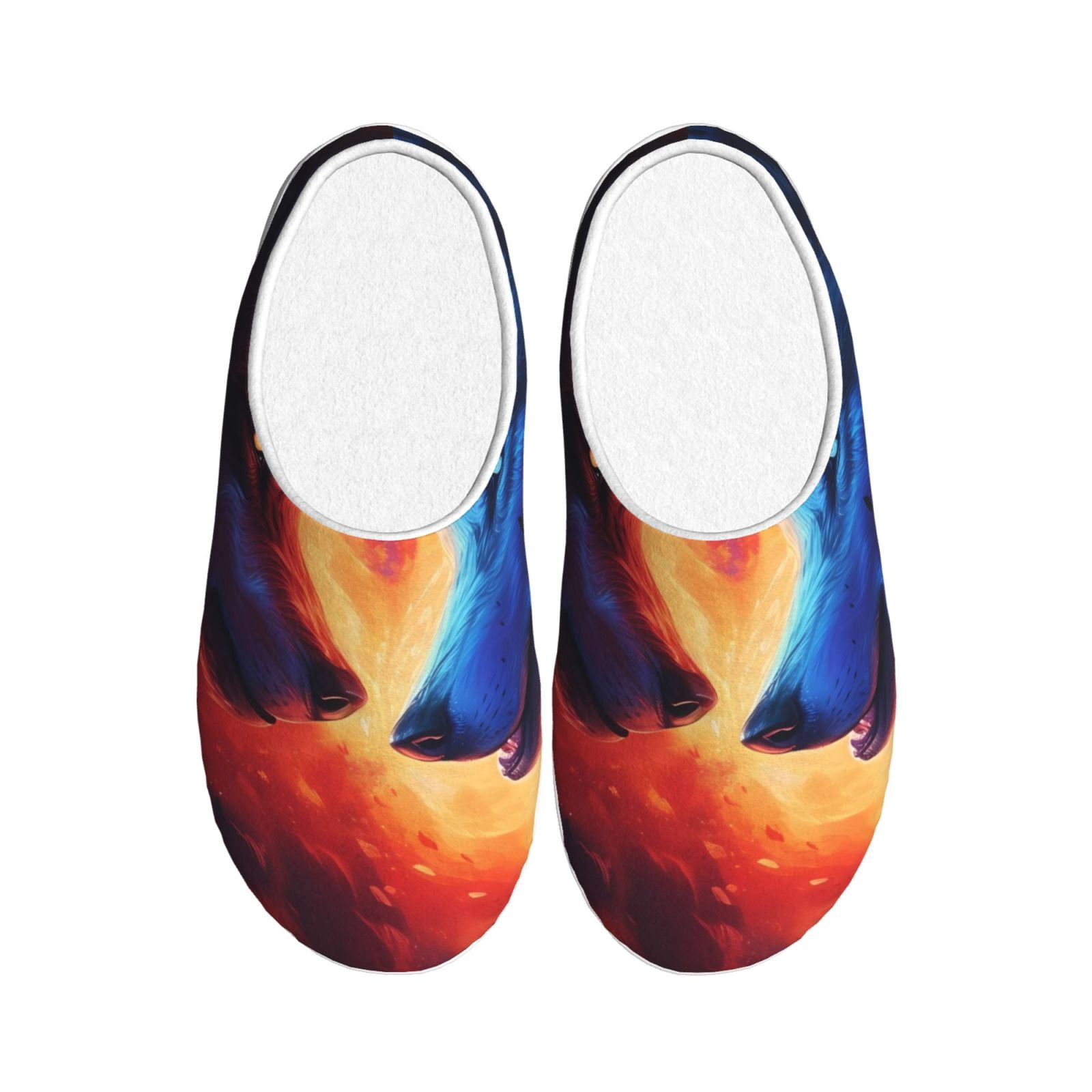 Daiia Red And Blue Fire Wolf Print Women’s Fuzzy Slippers Memory Foam ...