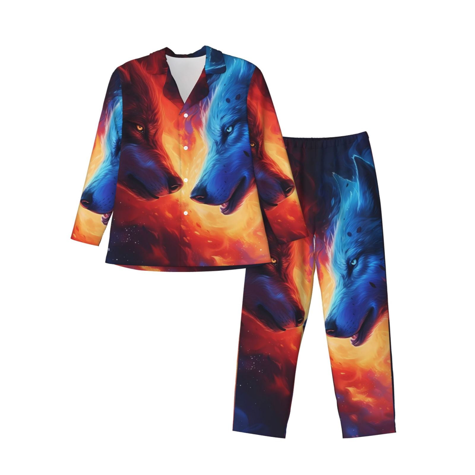 Daiia Red And Blue Fire Wolf for Men's Long-Sleeved Pajama Set – Soft ...