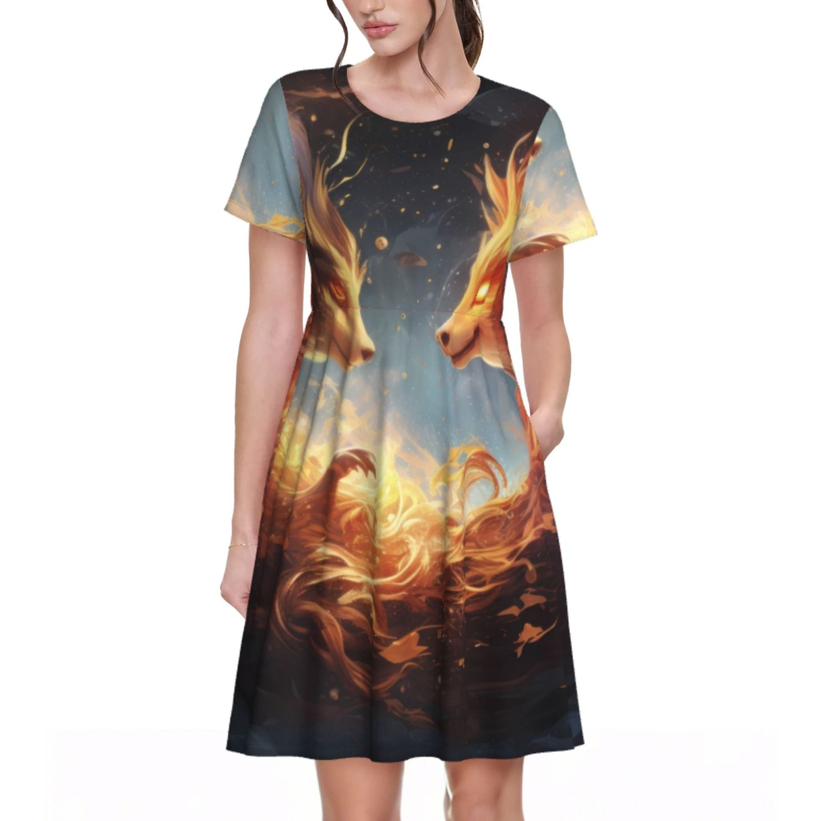 Daiia Red And Gray Flame Fox Print Women's Dresses 2025 Trendy Short sleeve Dresses Casual Baggy ...