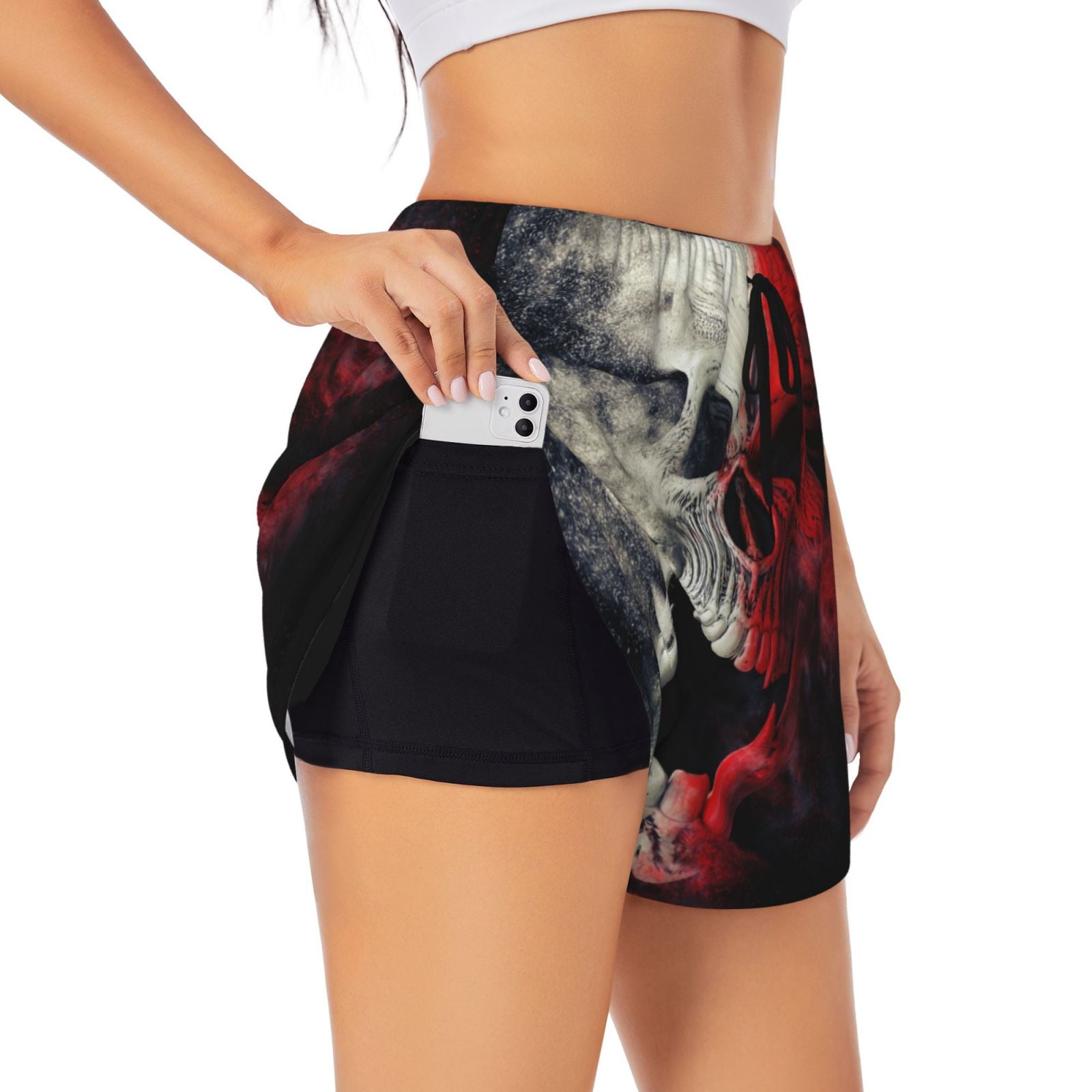 Daiia Red And White Screaming Demon Skull Pattern Women's 2 in 1 ...