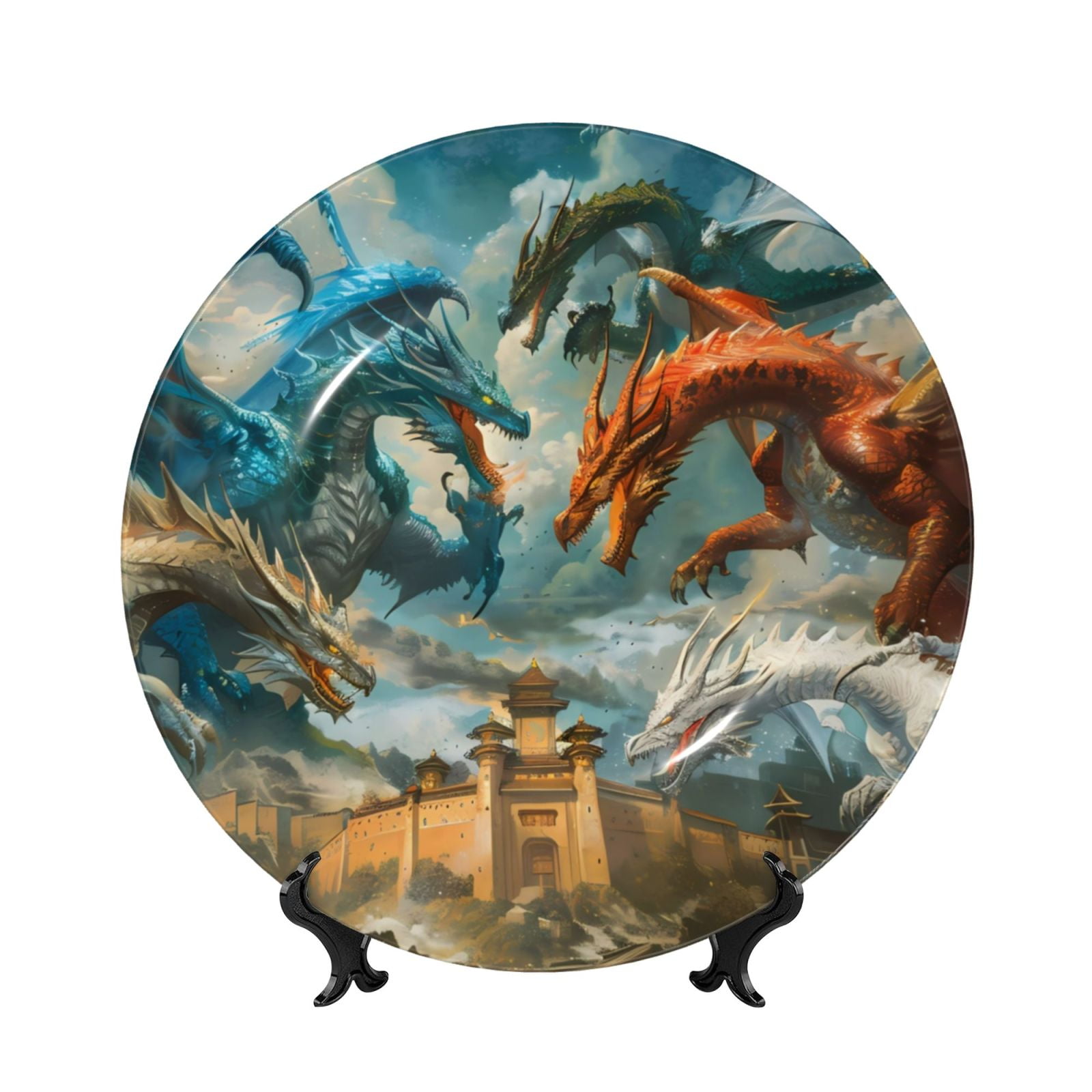 Daiia Red Blue Dragon Battle Epic Printed Pattern Ceramic Plate Dinner ...