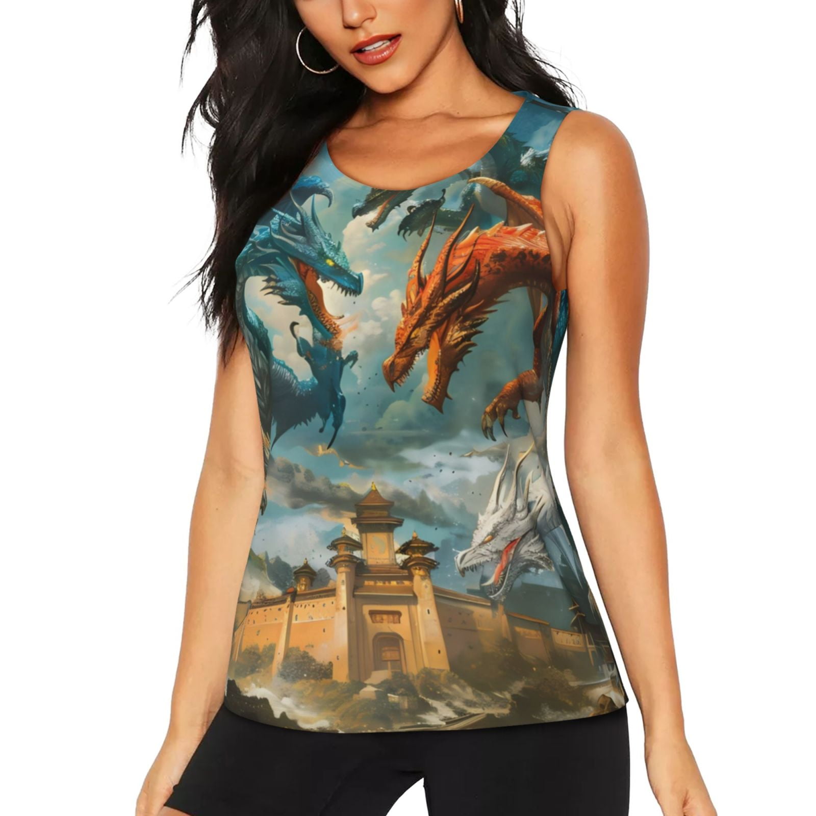 Daiia Red Blue Dragon Battle Epic Printed Womens Workout Tops for Women ...