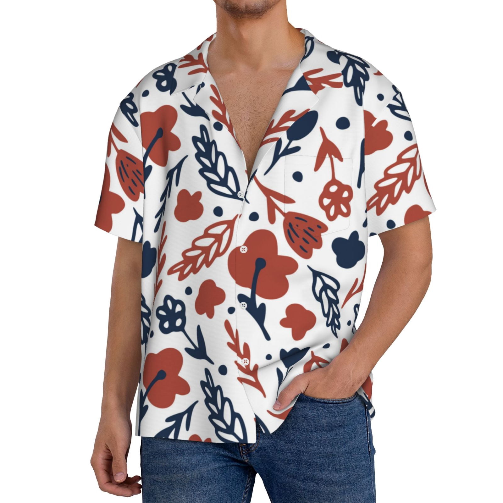 Daiia Red Blue Leaves Men's Linen Shirts Short Sleeve Casual Shirts ...
