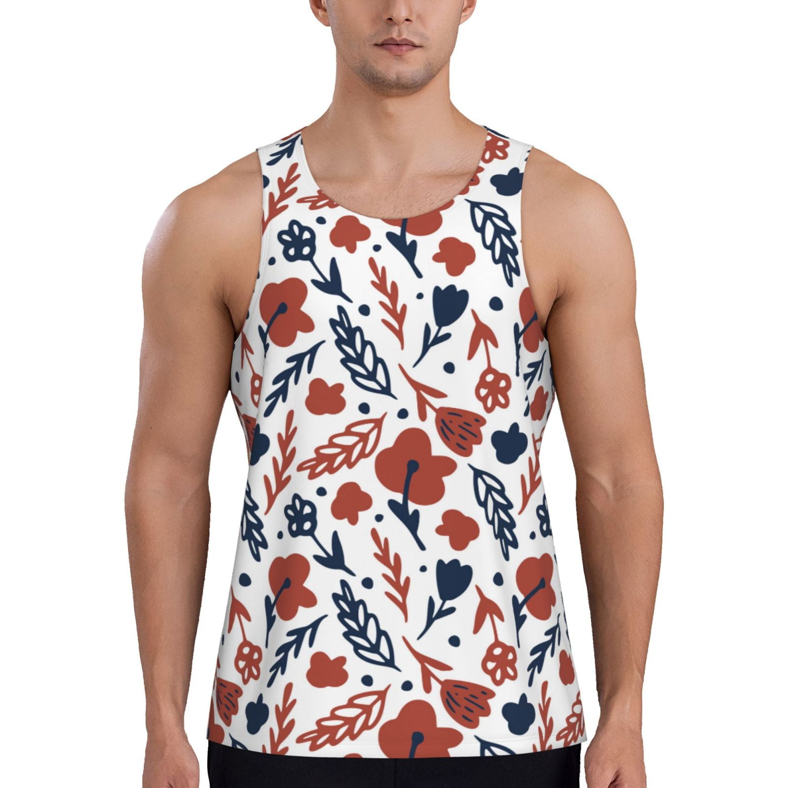Daiia Red Blue Leaves Printed Men's Quick Dry Fit Muscle Tank Top Slim ...