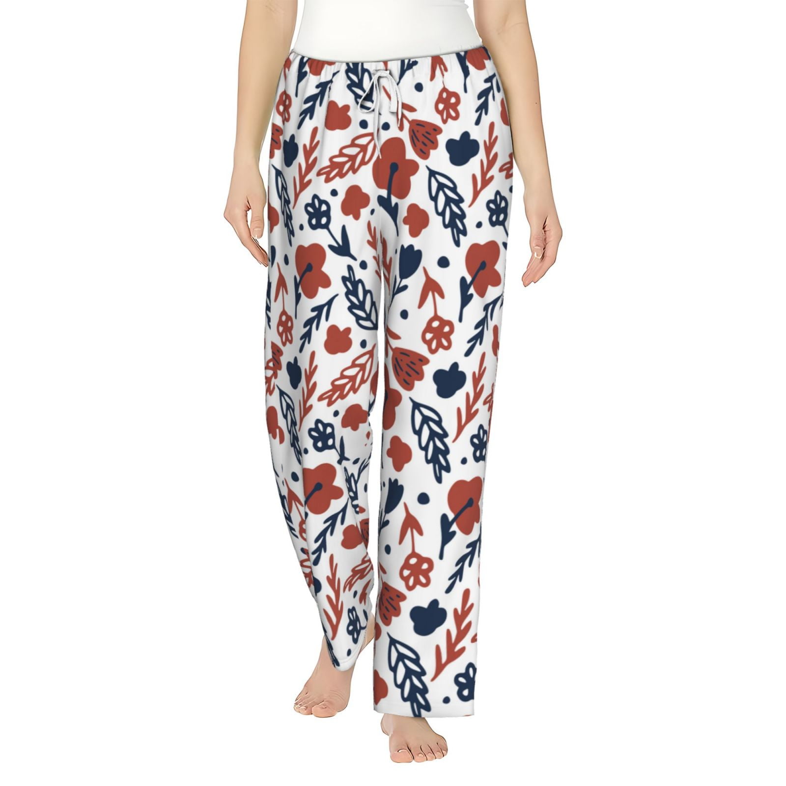 Daiia Red Blue Leaves Women's Sleep Pant with Pockets and Drawstring ...