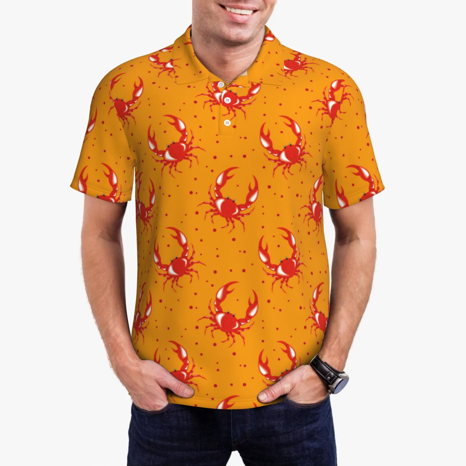 Daiia Red Crab Pattern Men’s Polo Shirts,Solid Deck Shirt,Classic Fit ...