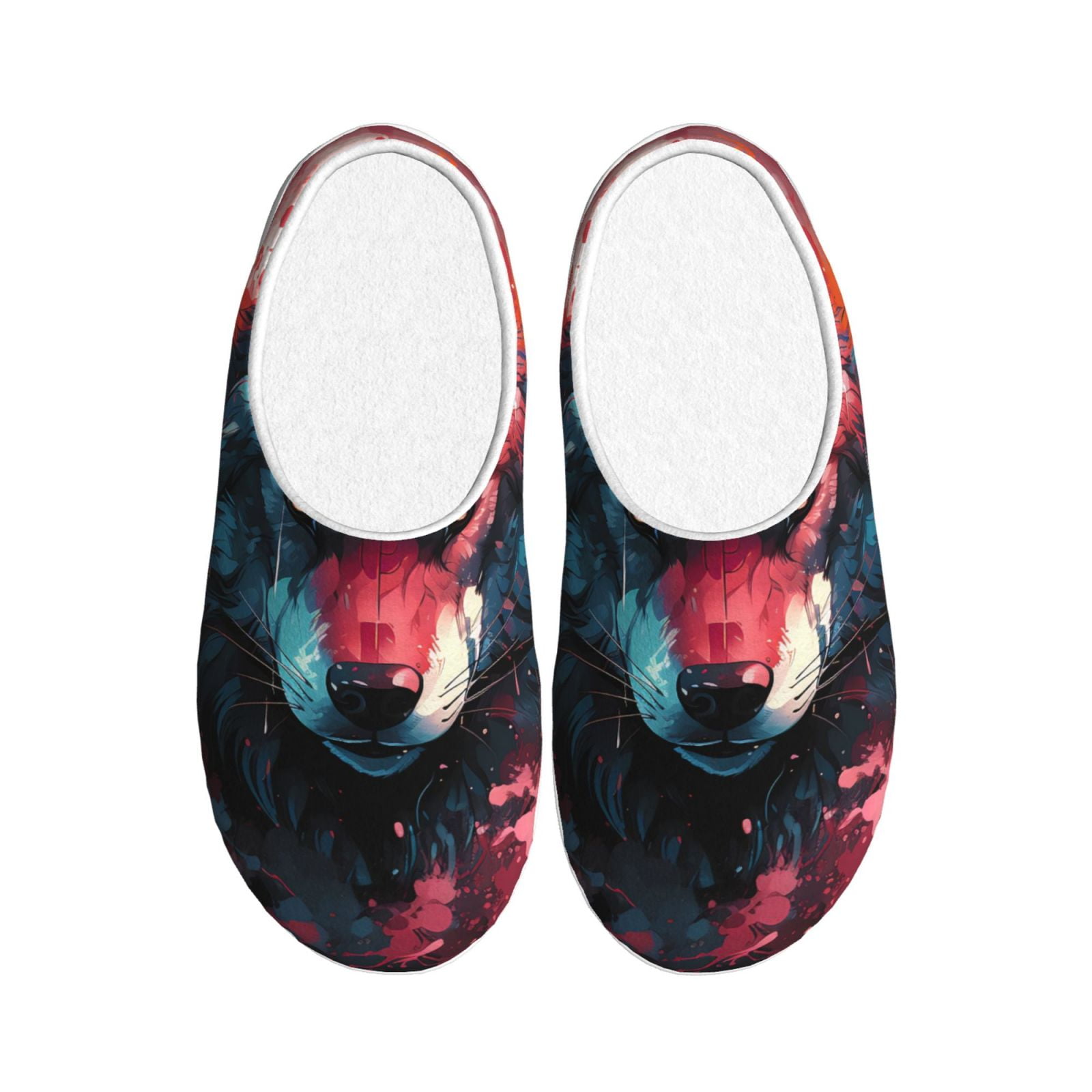 Daiia Red Flame Wolf Head Print Women’s Fuzzy Slippers Memory Foam ...