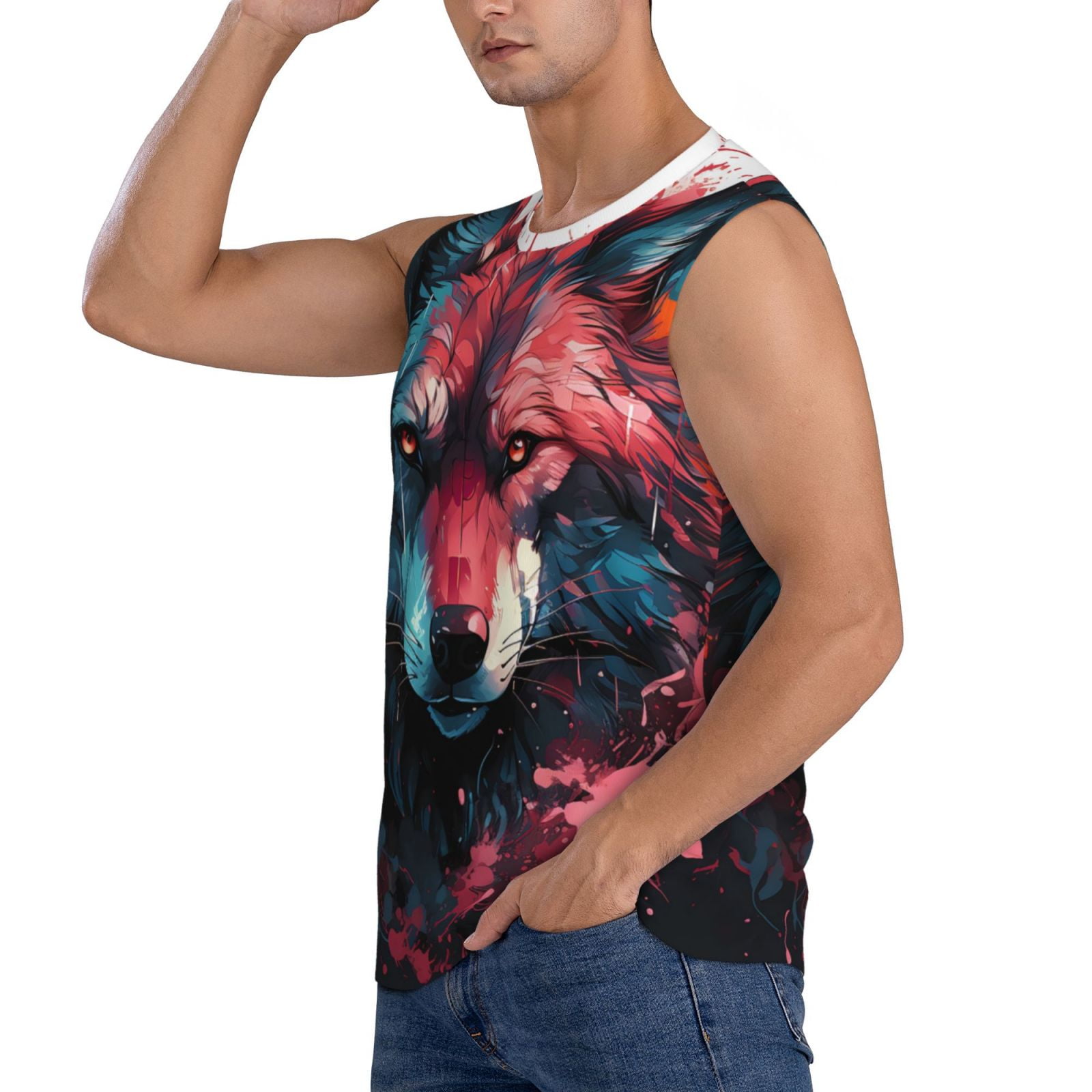 Daiia Red Flame Wolf Head Printed Men's Tank Tops,Casual Soft ...