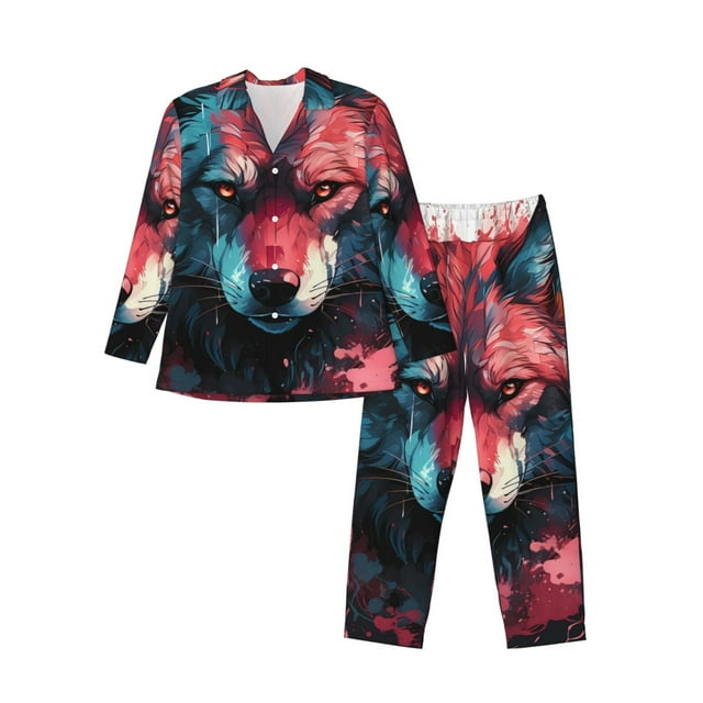 Daiia Red Flame Wolf Head for Men's Long-Sleeved Pajama Set – Soft ...