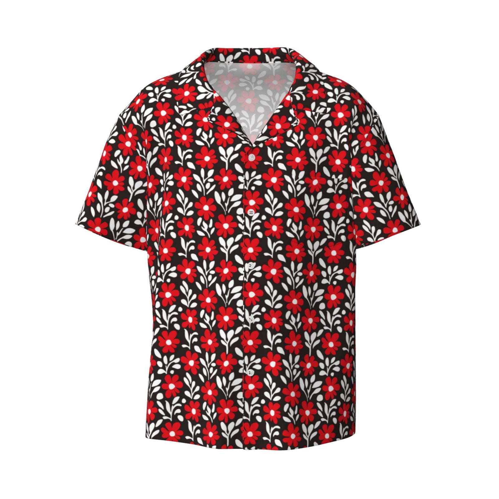 Daiia Red Floral Men's Linen Shirts Short Sleeve Casual Shirts Button ...