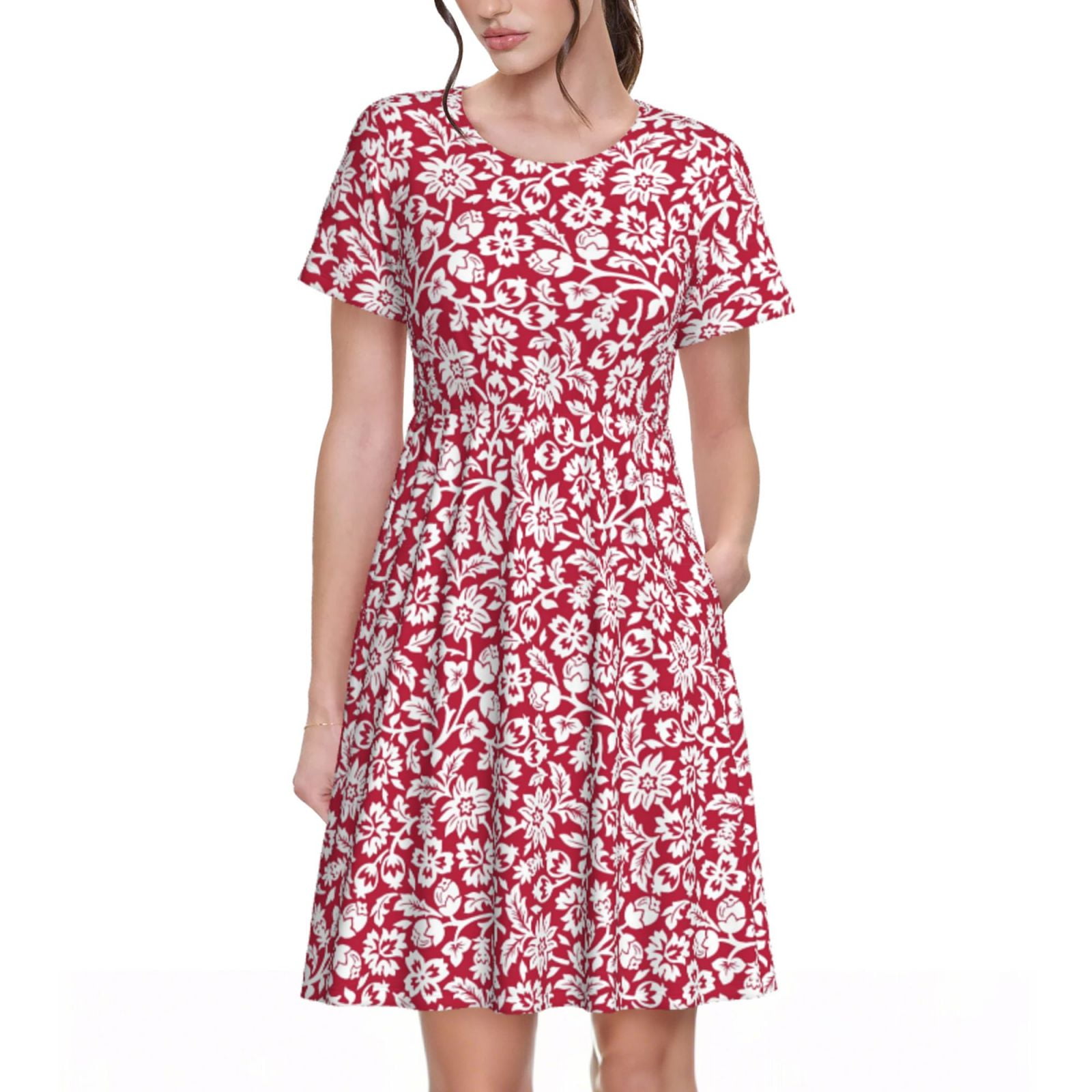 Daiia Red Flowers Print Women's Dresses 2025 Trendy Short sleeve ...