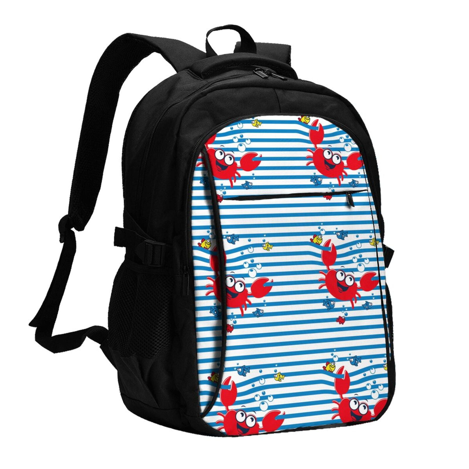 Daiia Red Funny Crab on Blue Stripe Pattern USB Charging Backpack for ...