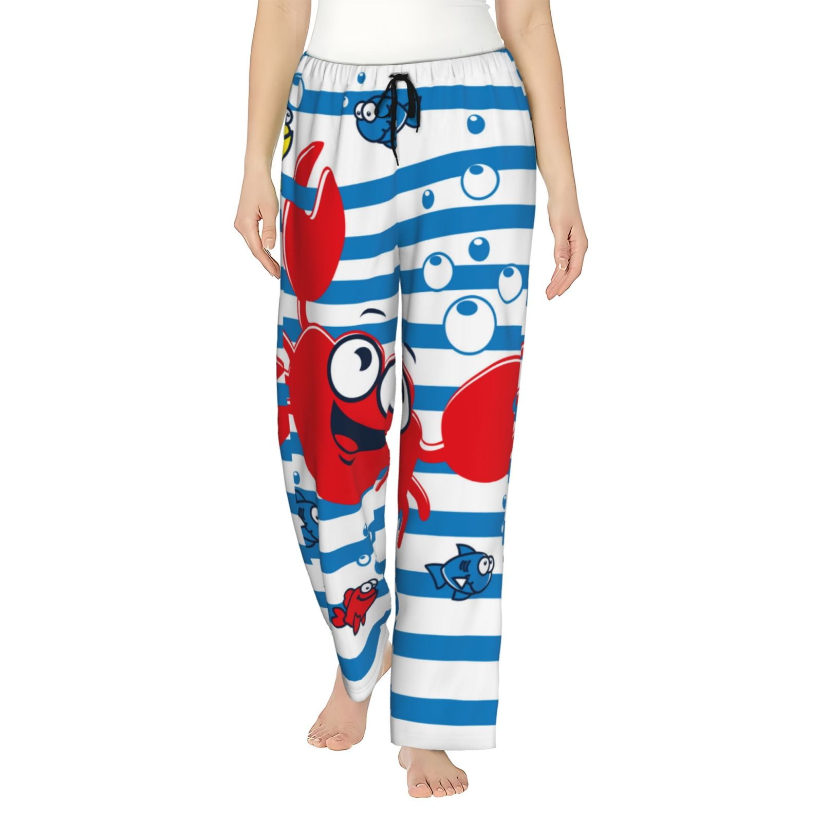Daiia Red Funny Crab on Blue Stripe Women's Sleep Pant with Pockets and ...