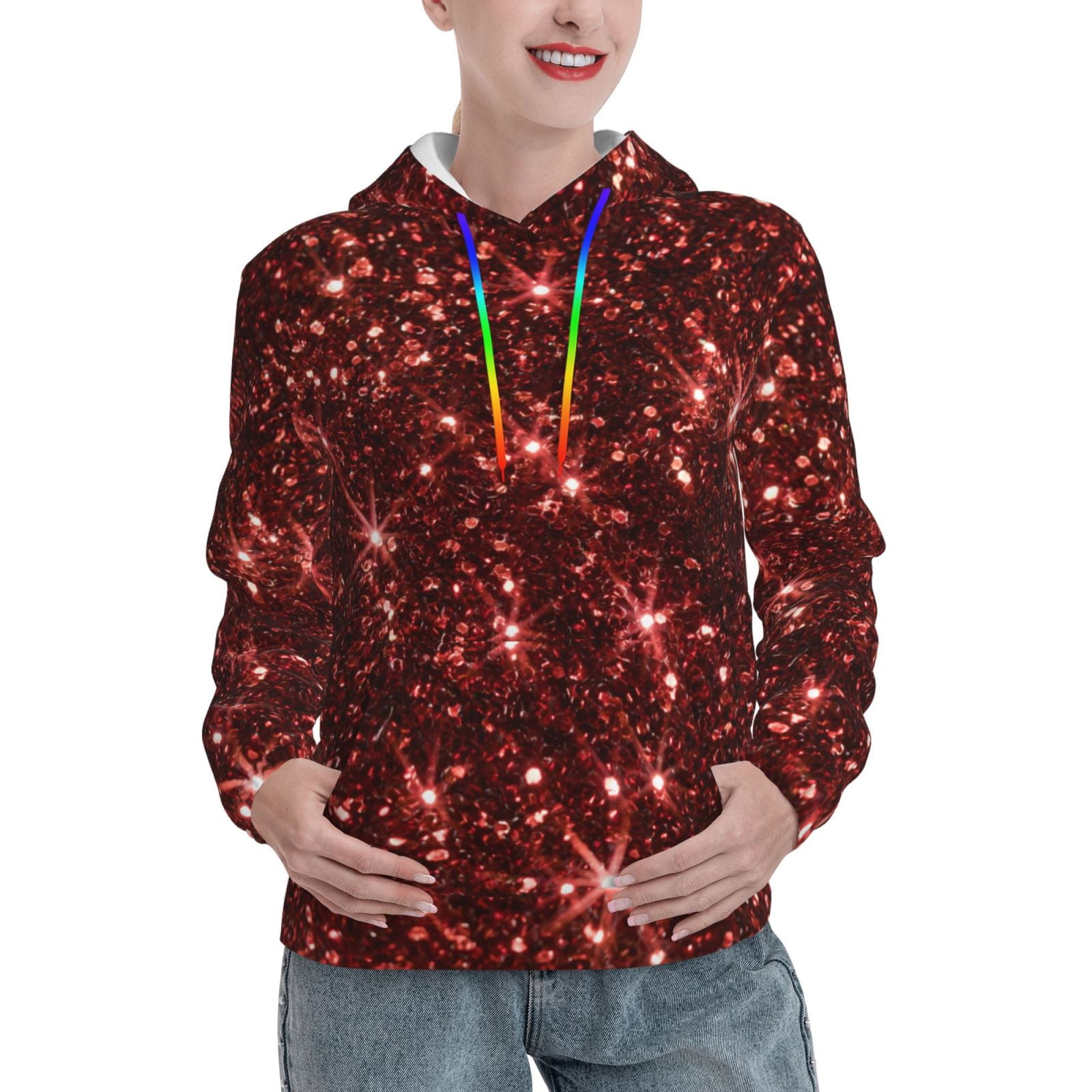 Daiia Red Glitter Texture Pattern Women's Fashion Hoodies & Sweatshirts ...