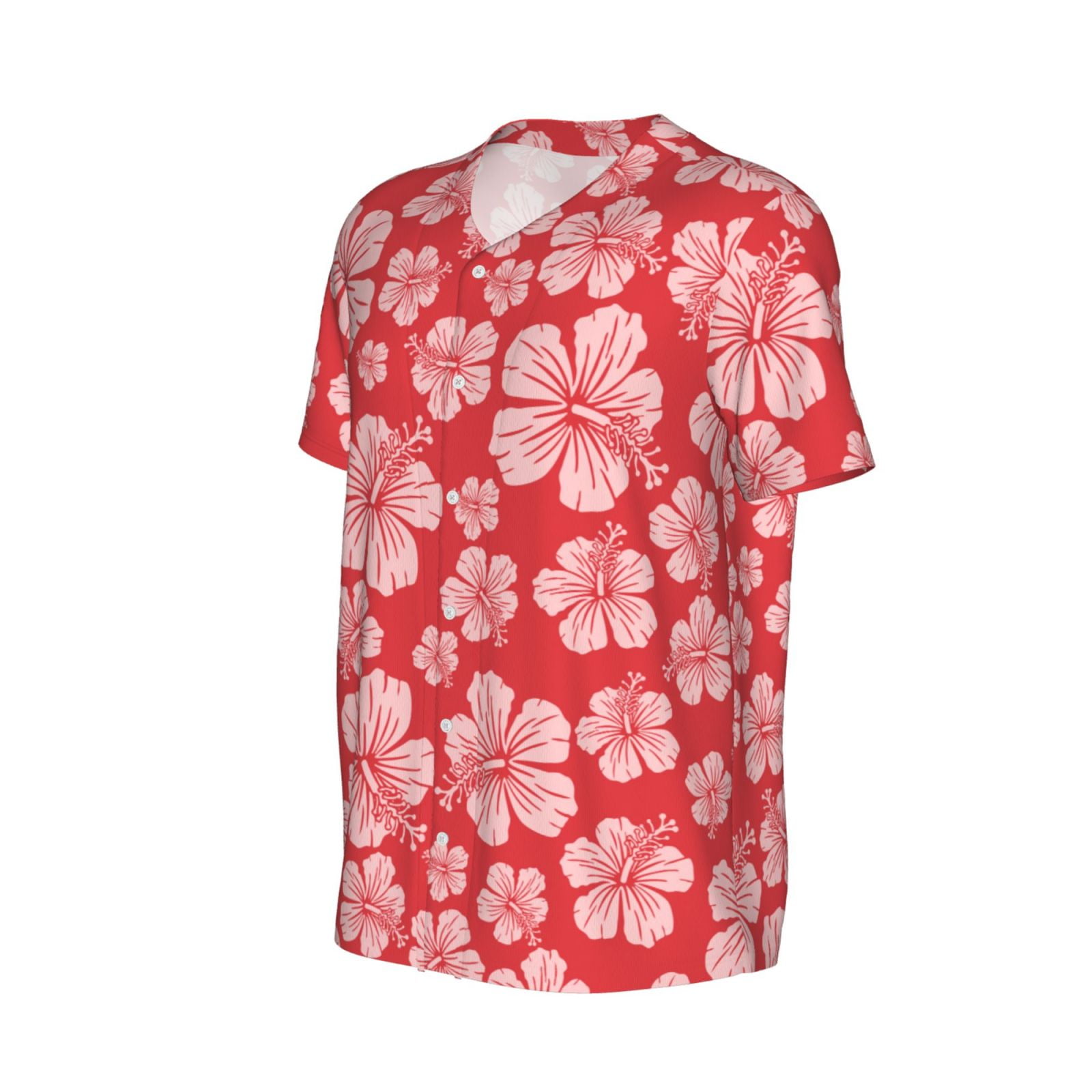 Daiia Red Hibiscus Flower Mens Baseball Jersey Button Down Shirts Short ...