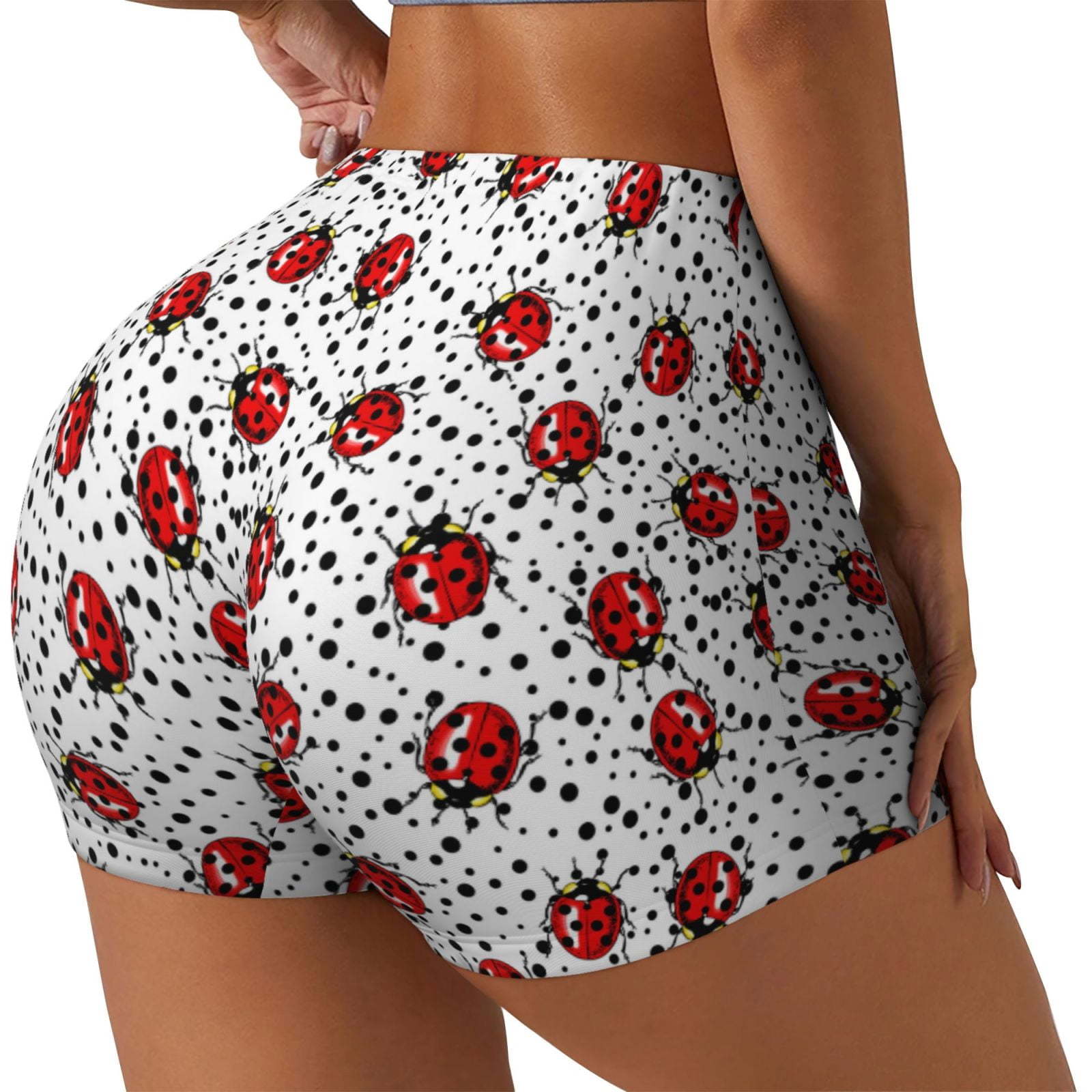 Daiia Red Ladybugs On Black Dotted Pattern Women's Workout Shorts Biker ...