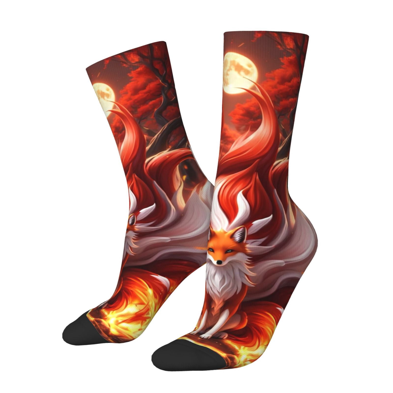 Daiia Red Leaf Flame Fox Print Crew Socks – Soft Breathable Long Socks ...
