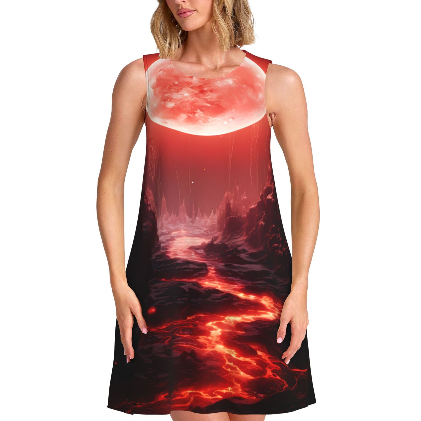 Daiia Red Moon Lava Print Women's Dresses 2025 Trendy Short sleeve ...