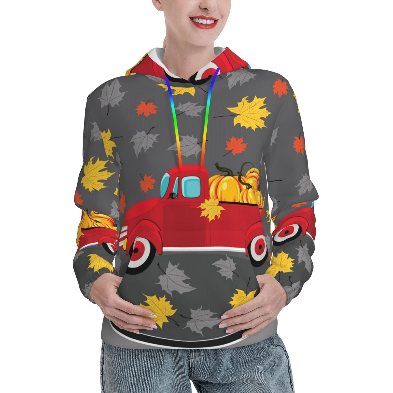 Daiia Red Pickup Truck With Pumpkins Pattern Women's Fashion Hoodies ...