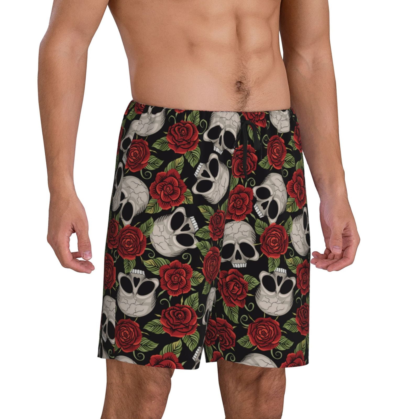 Daiia Red Rose Skull Mens Woven Stretch Pajama Short,Short Pajama Pants ...