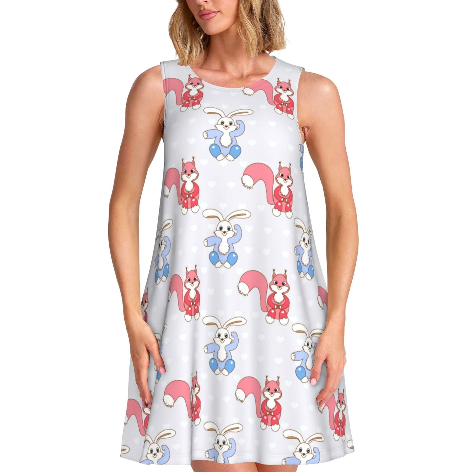 Daiia Red Squirrel And Blue Rabbit Print Women's Dresses 2025 Trendy ...