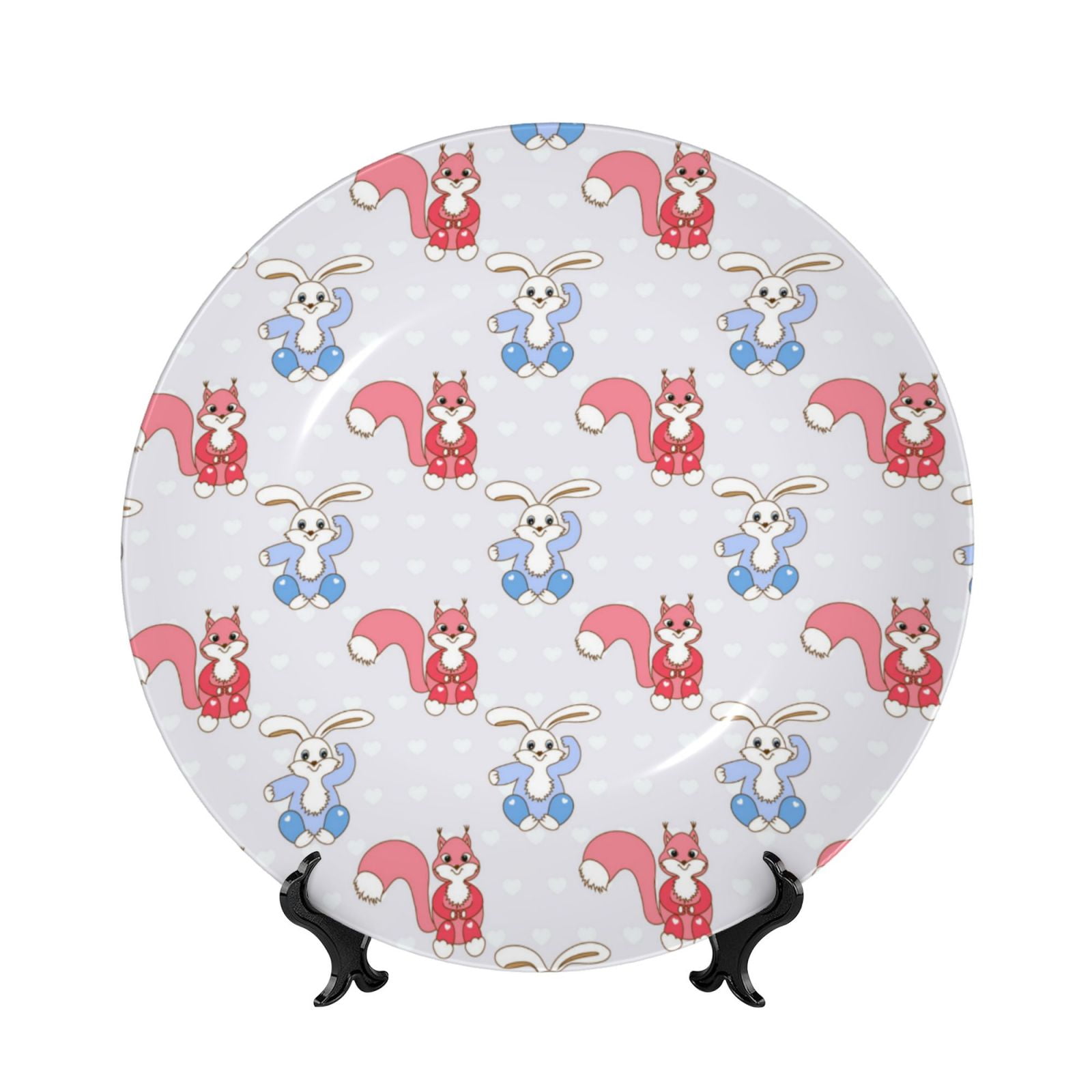 Daiia Red Squirrel And Blue Rabbit Printed Pattern Ceramic Plate Dinner ...