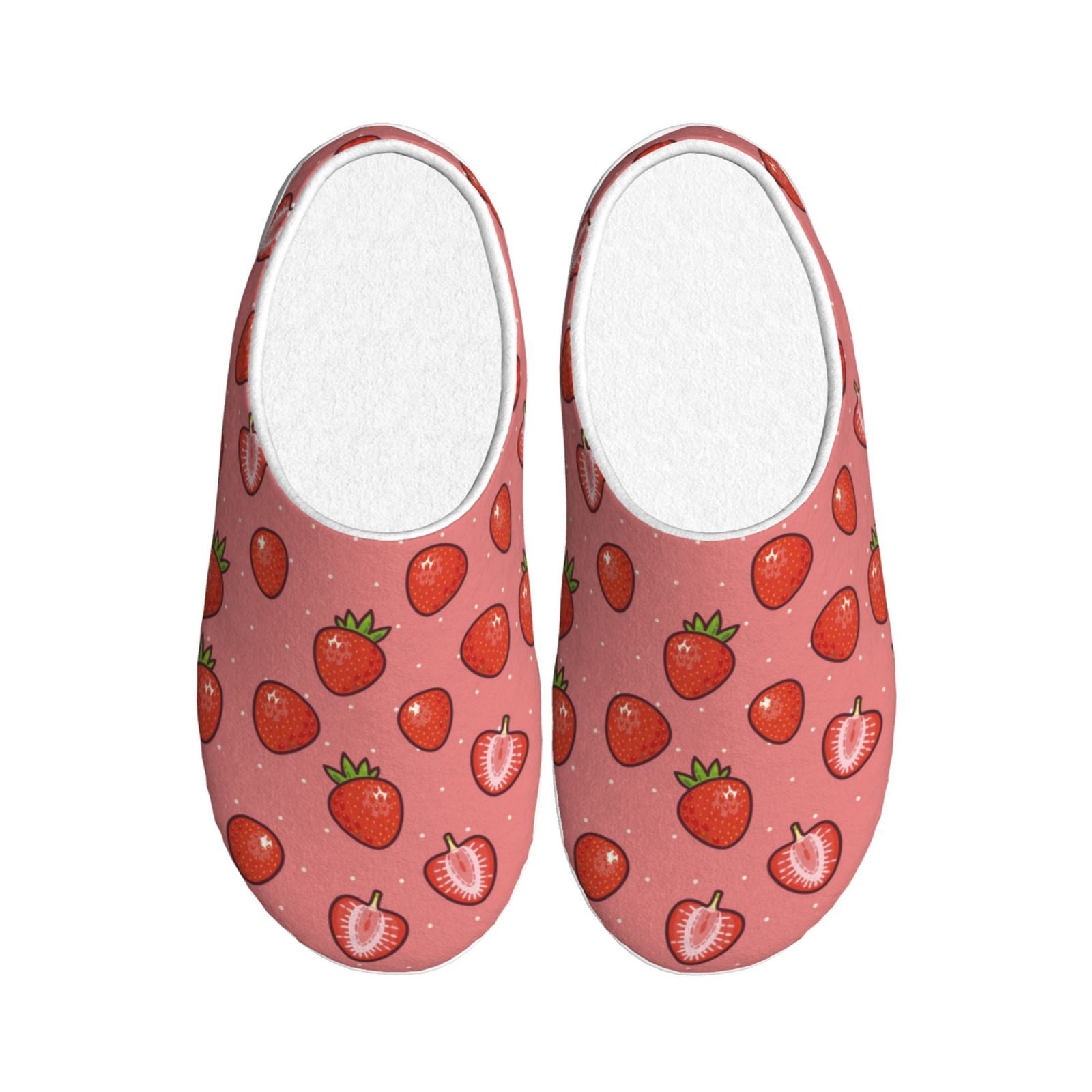 Daiia Red Strawberry Print Women’s Fuzzy Slippers Memory Foam ...