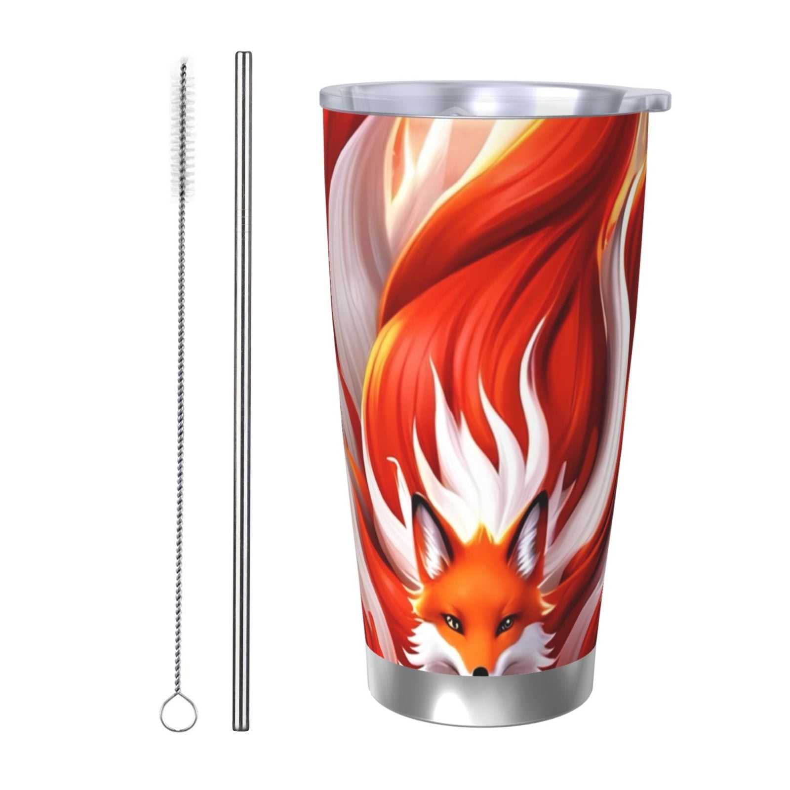 Daiia Red Sun Flame Fox Printed 20oz Insulated Coffee Cup with Straw Topper, Fully Spill Proof ...