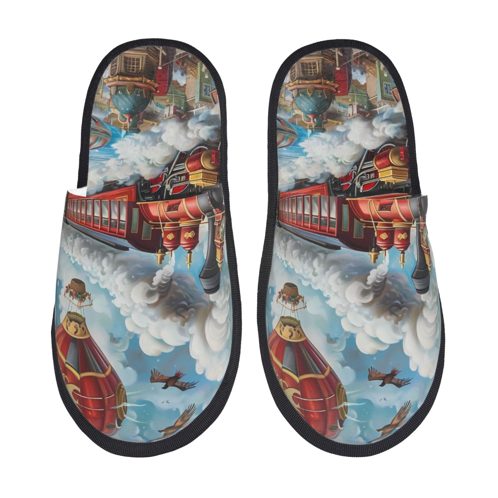 Daiia Red Train Hot Air Balloon Pattern Furry Slippers for Women and ...