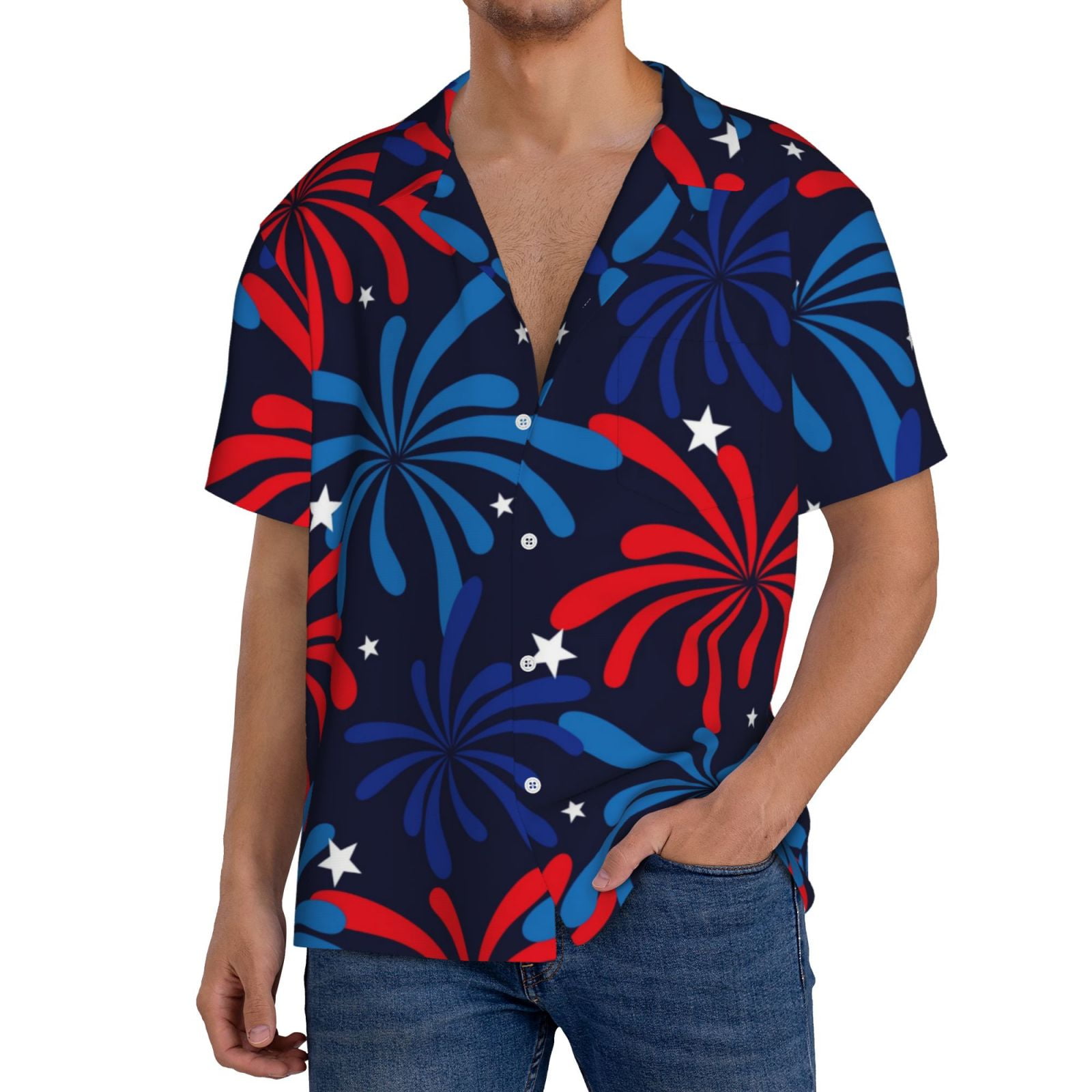 Daiia Red White Blue Fireworks Men's Linen Shirts Short Sleeve Casual ...
