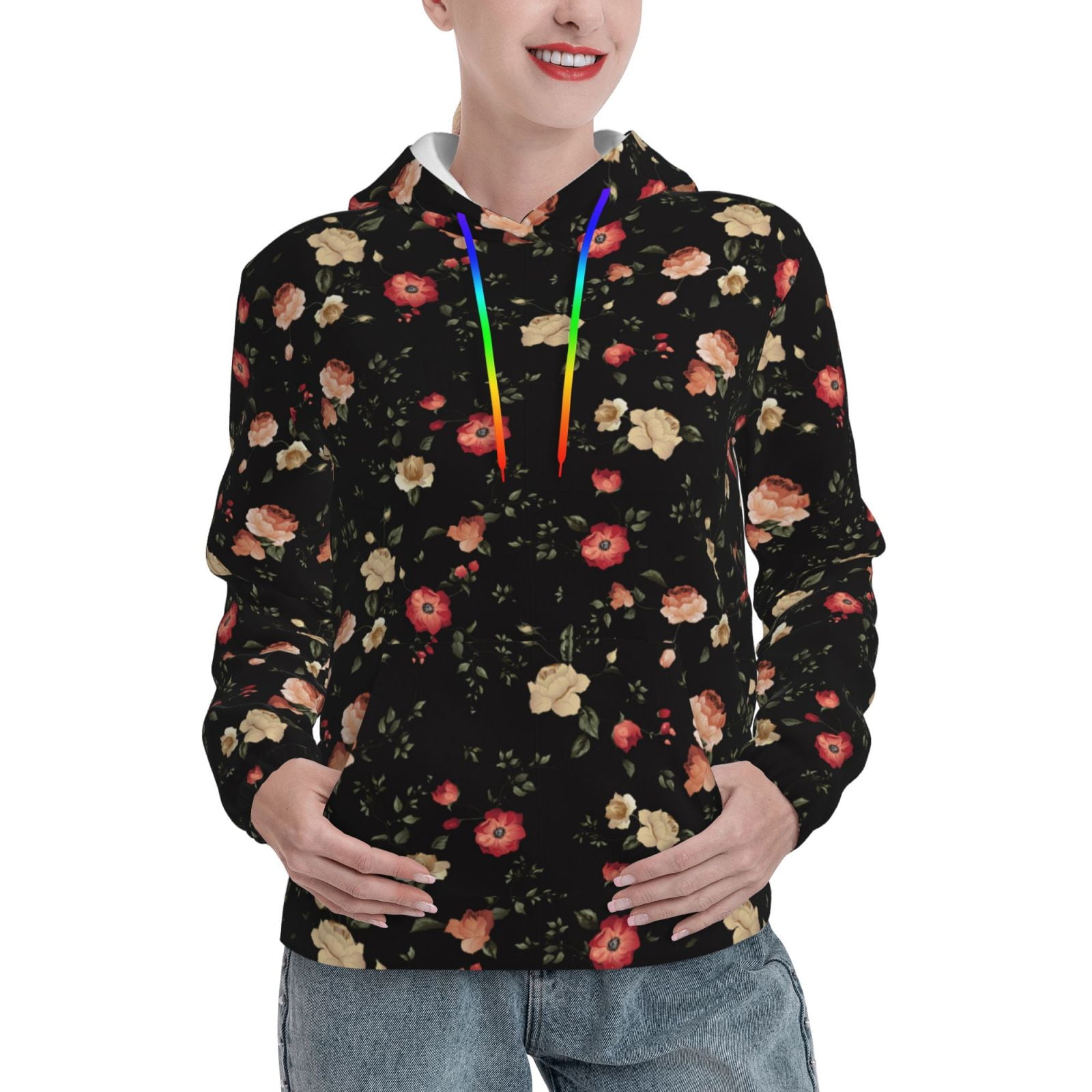Daiia Red White Flowers Pattern Women's Fashion Hoodies & Sweatshirts ...