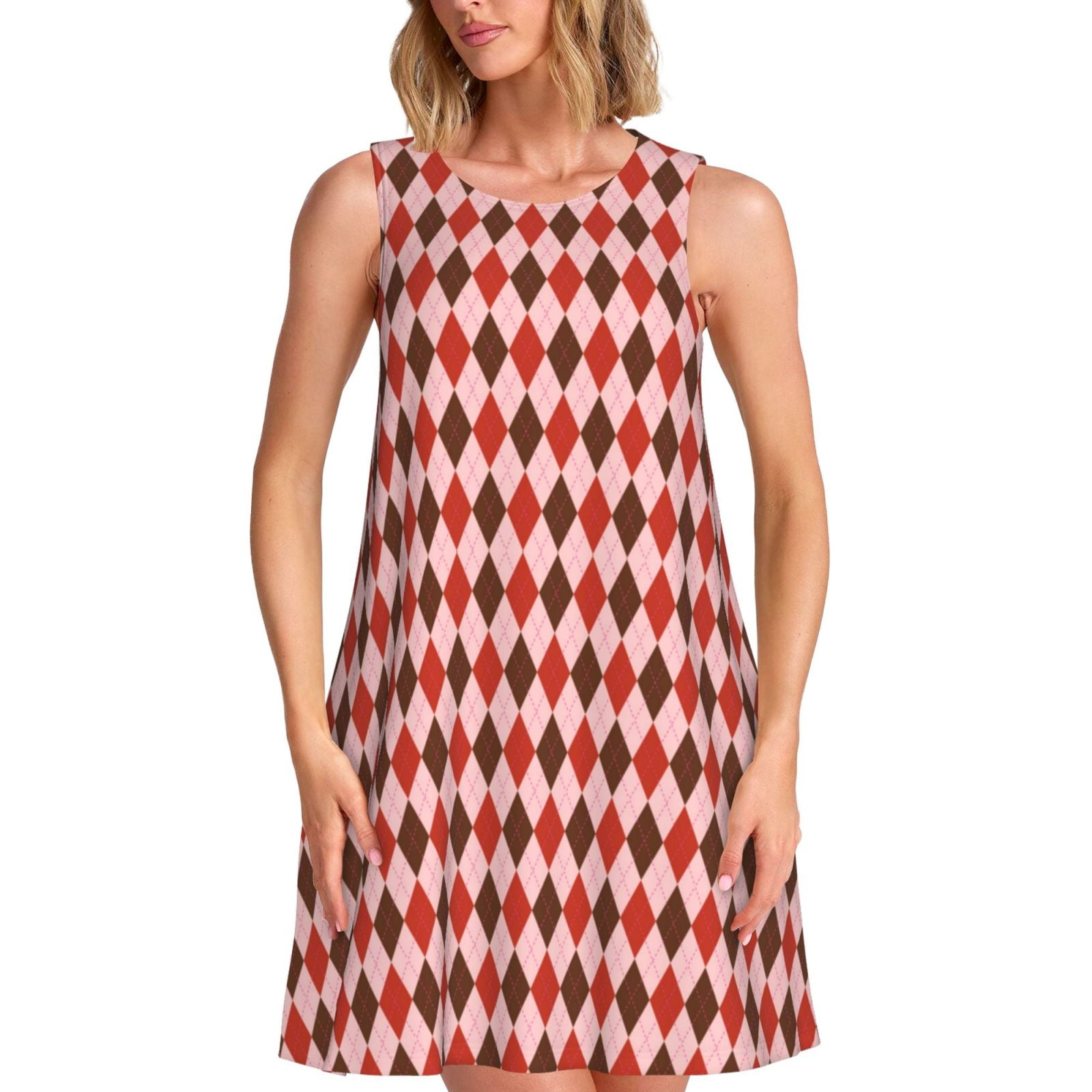 Daiia Red and Brown Squares Print Women's Dresses 2025 Trendy Short ...