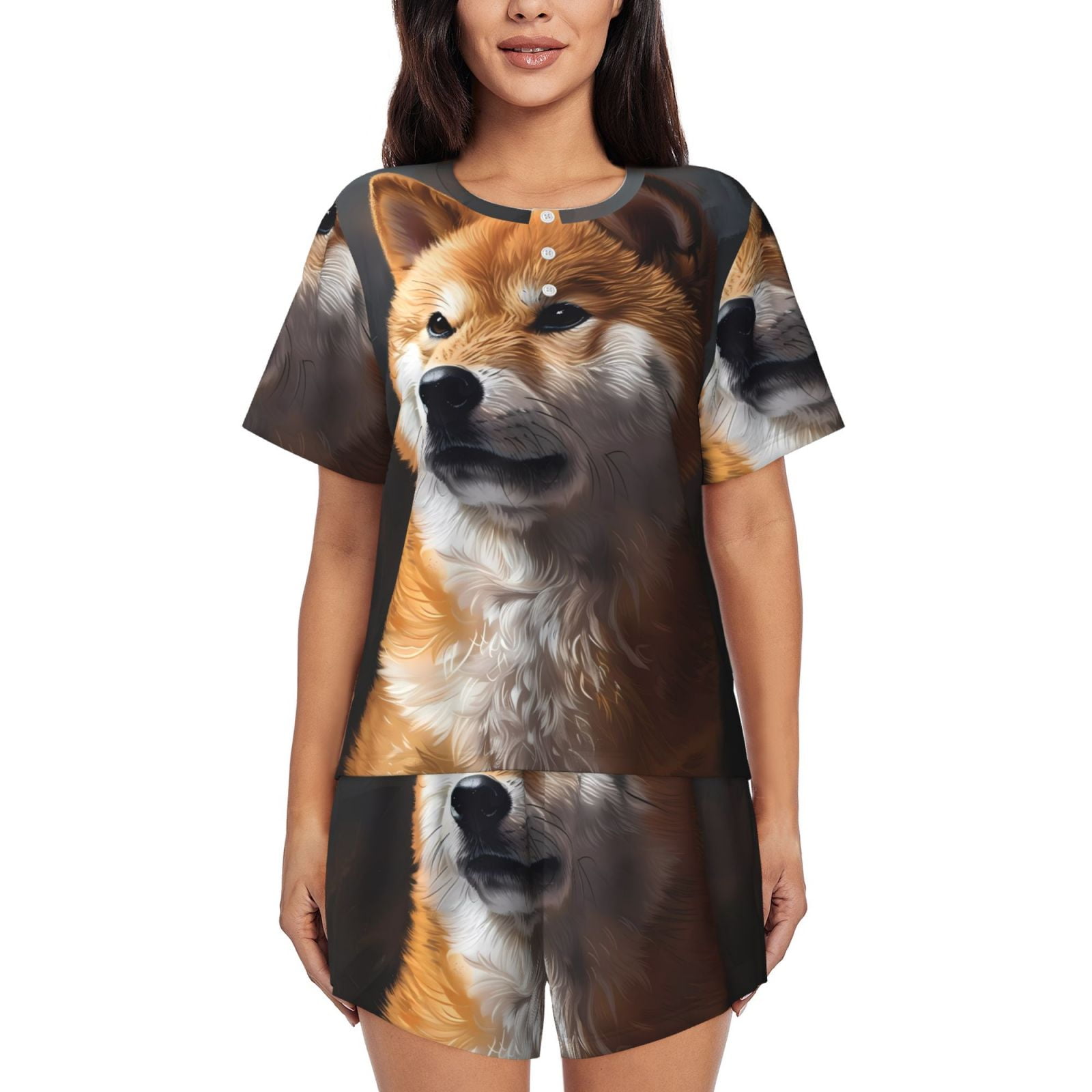 Daiia Regal Shiba Inu Pattern Womens Pajama Sets Short Sleeve Pajamas ...