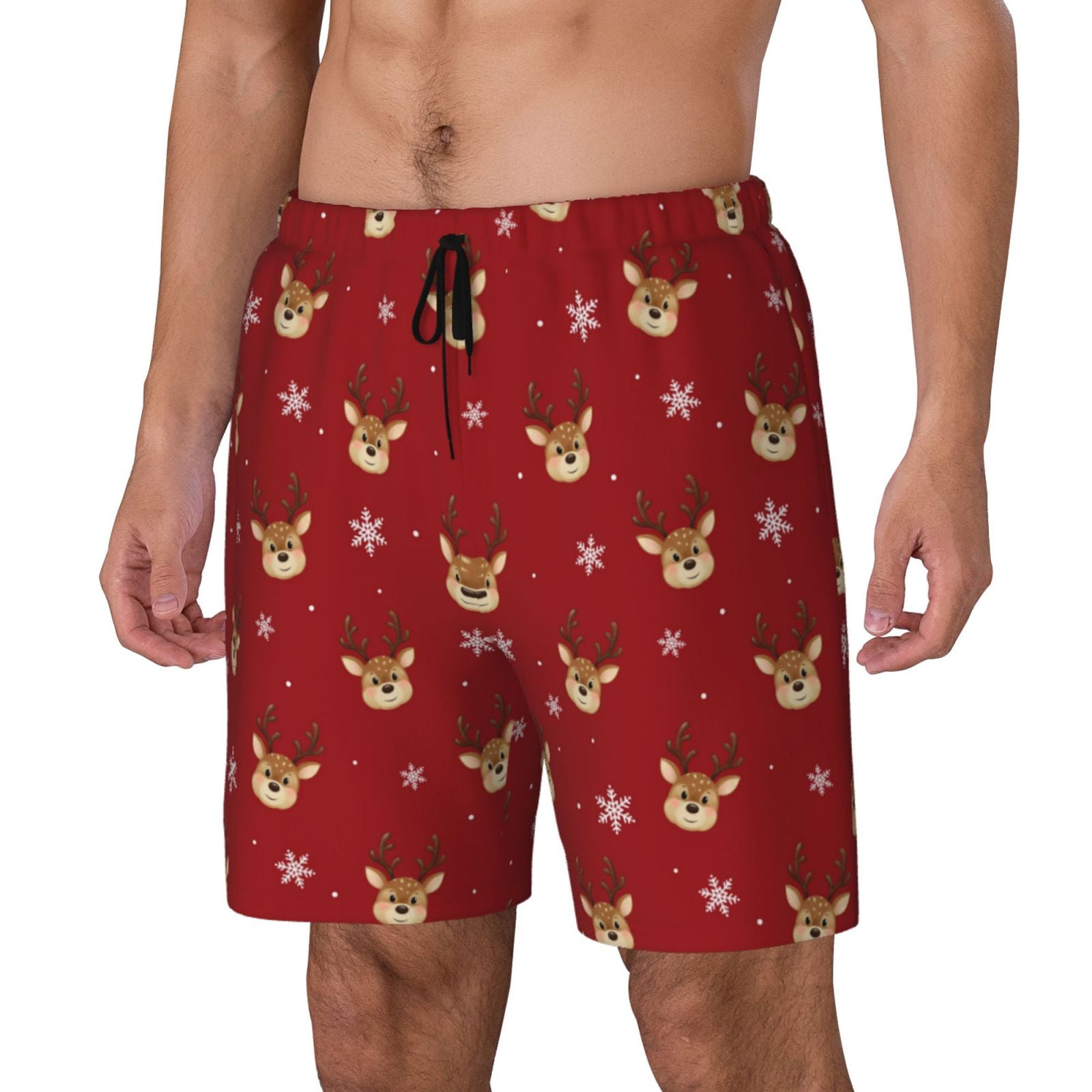 Daiia Reindeer Faces Festive Red Mens Swim Trunks Swim Shorts Quick Dry ...