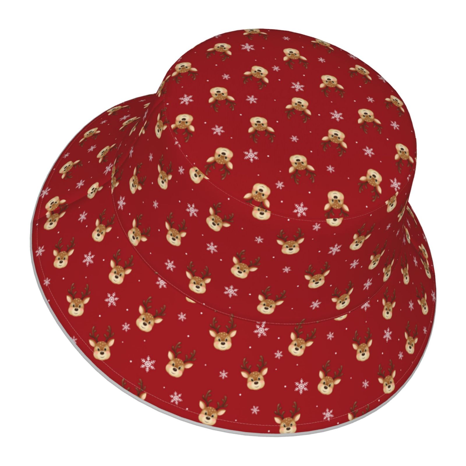 Daiia Reindeer Faces Festive Red Pattern Bucket Hat - Trendy Cotton Sun ...