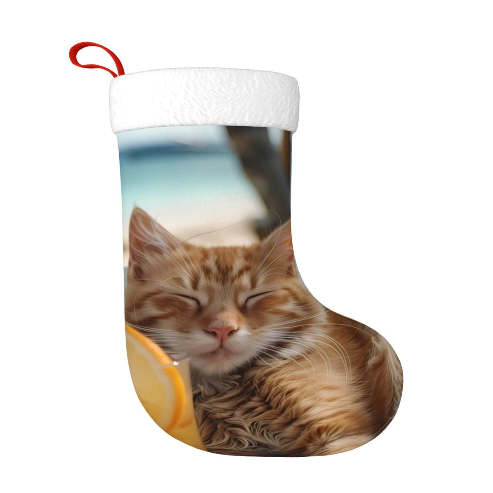 Daiia Relaxing Cat With Orange Juice Print Christmas Stocking，18"Large ...
