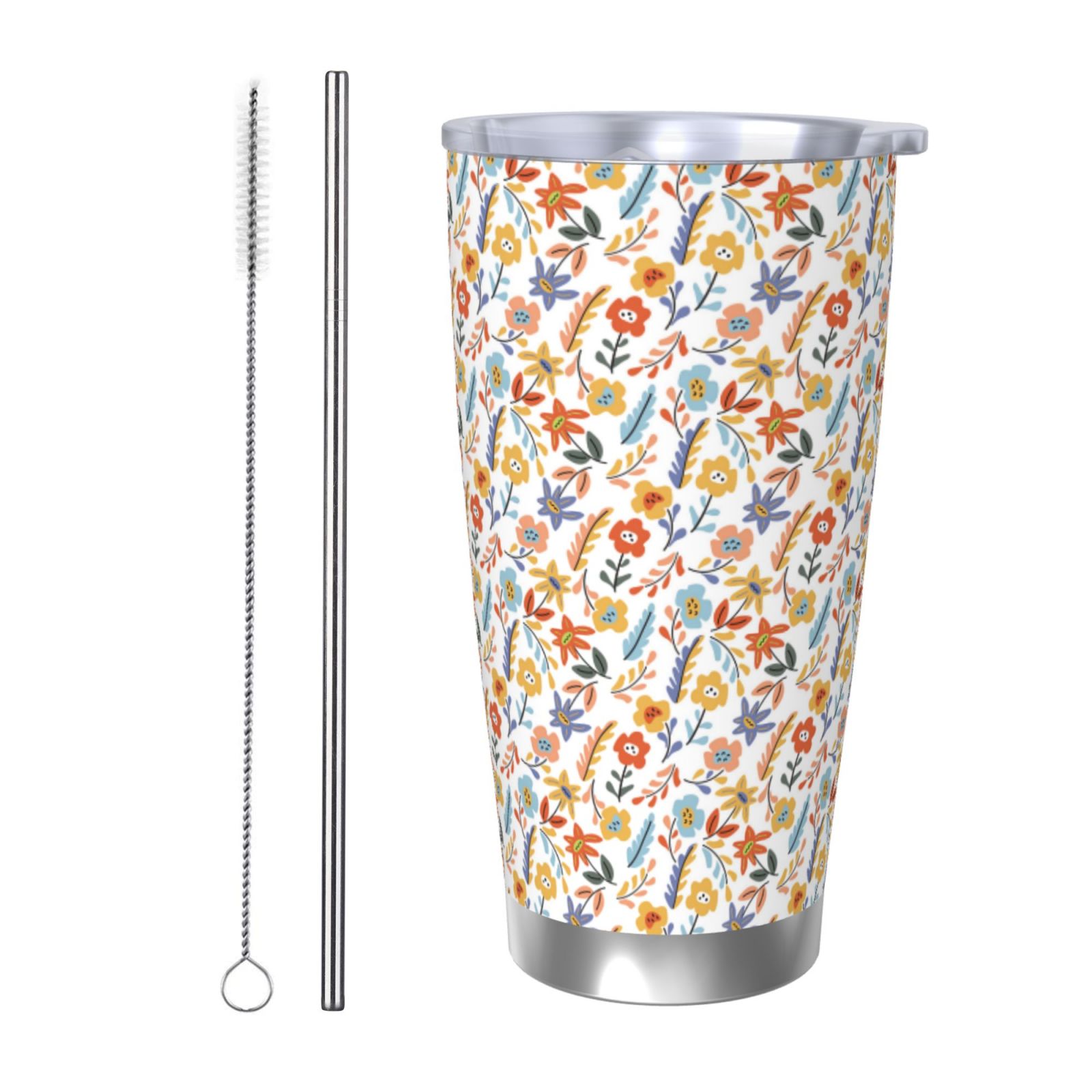 Daiia Retro Floral Printed 20oz Insulated Coffee Cup with Straw Topper ...