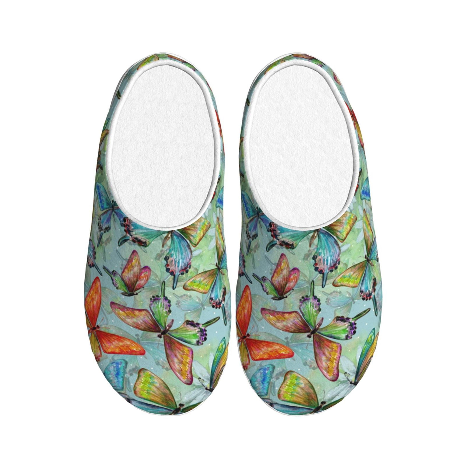 Daiia Retro Flying Butterflies Print Women’s Fuzzy Slippers Memory Foam ...