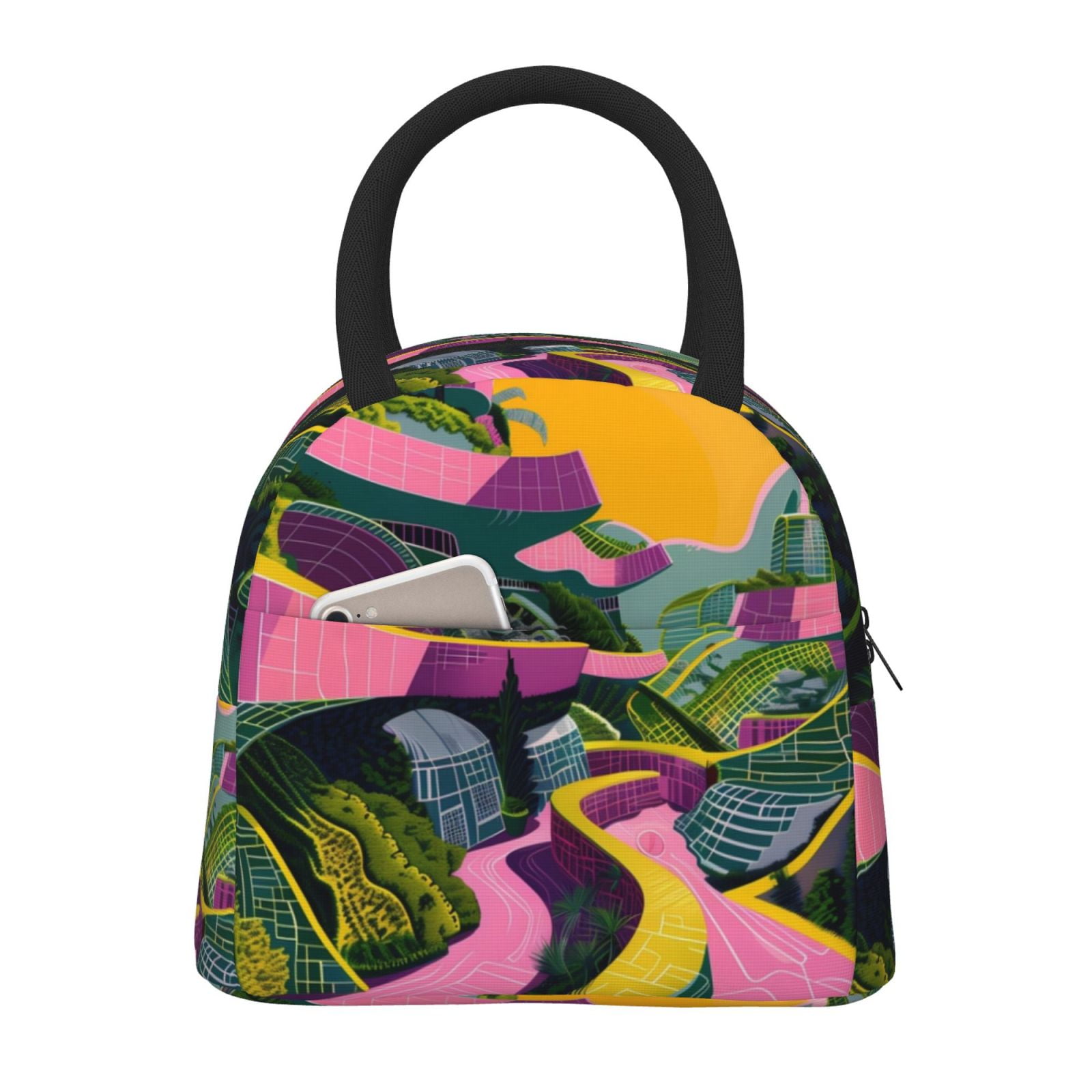 Daiia Retro Futuristic Landscape Pattern Lunch Bag , Insulated Lunch ...