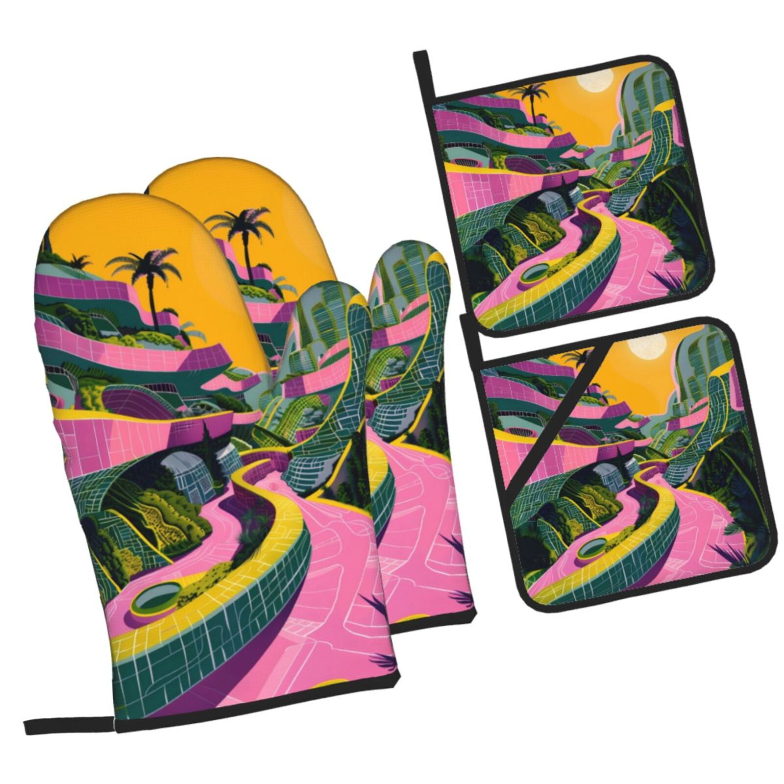 Daiia Retro Futuristic Landscape Pattern Oven Mitts and Pot Holders 4 ...