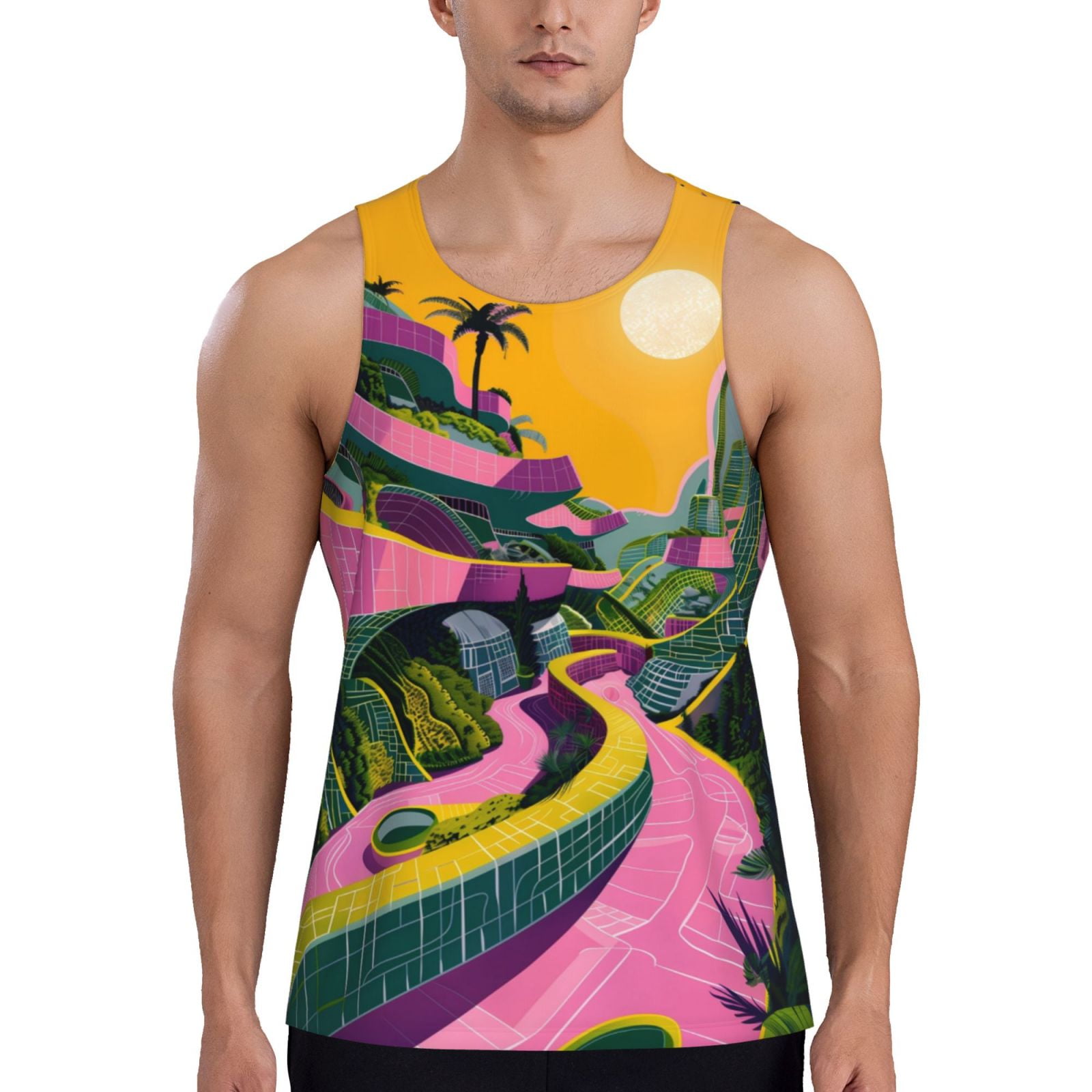 Daiia Retro Futuristic Landscape Printed Men's Quick Dry Fit Muscle ...