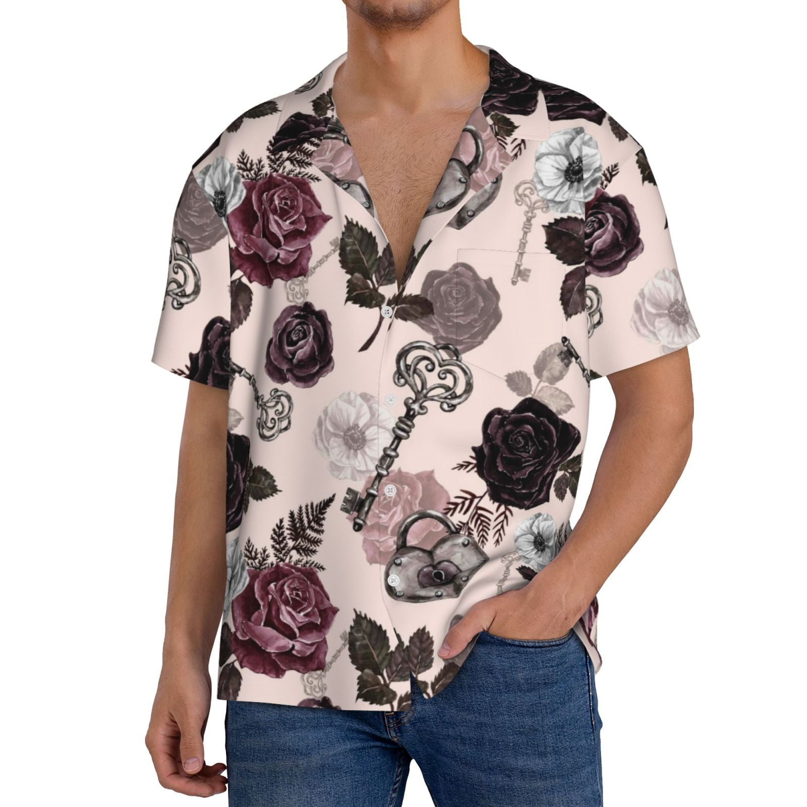 Daiia Retro Red Black Roses Men's Linen Shirts Short Sleeve Casual ...