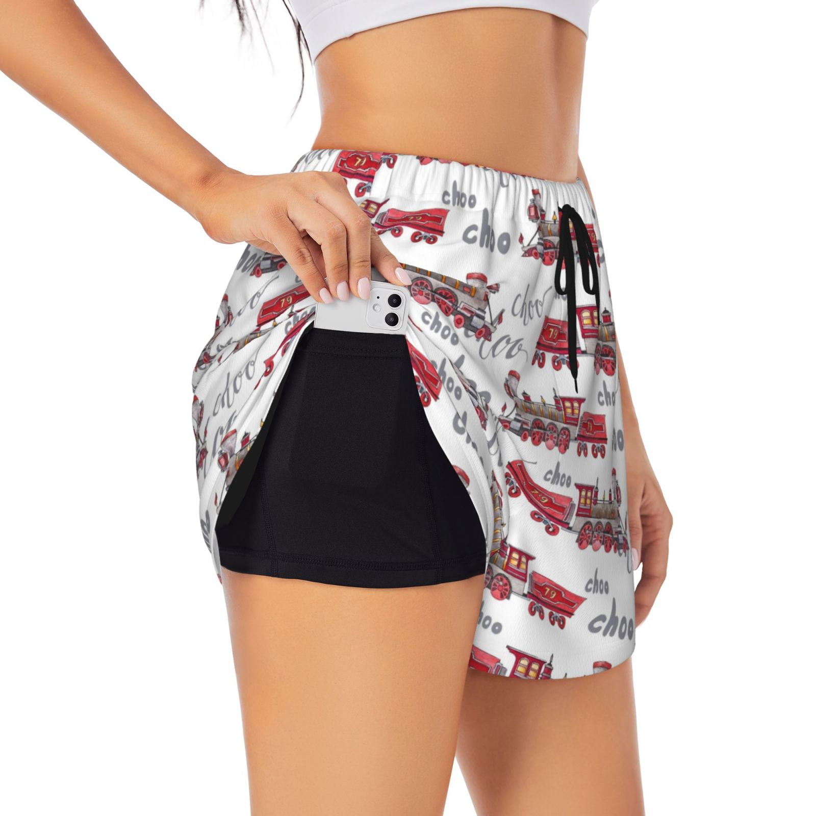 Daiia Retro Train Pattern Women's 2 in 1 Running Shorts - Lightweight ...