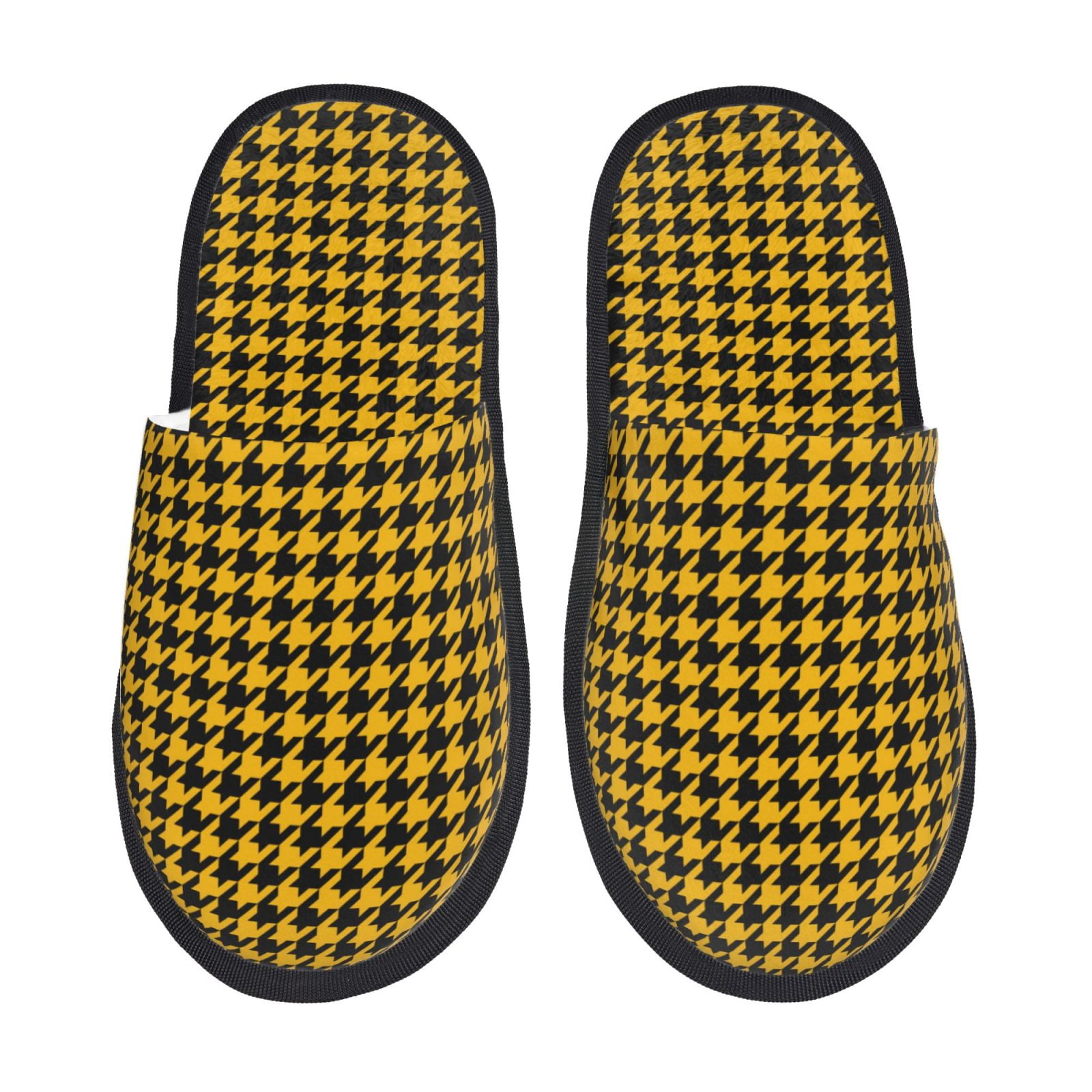 Daiia Retro Yellow and Black Houndstooth Pattern Furry Slippers for ...