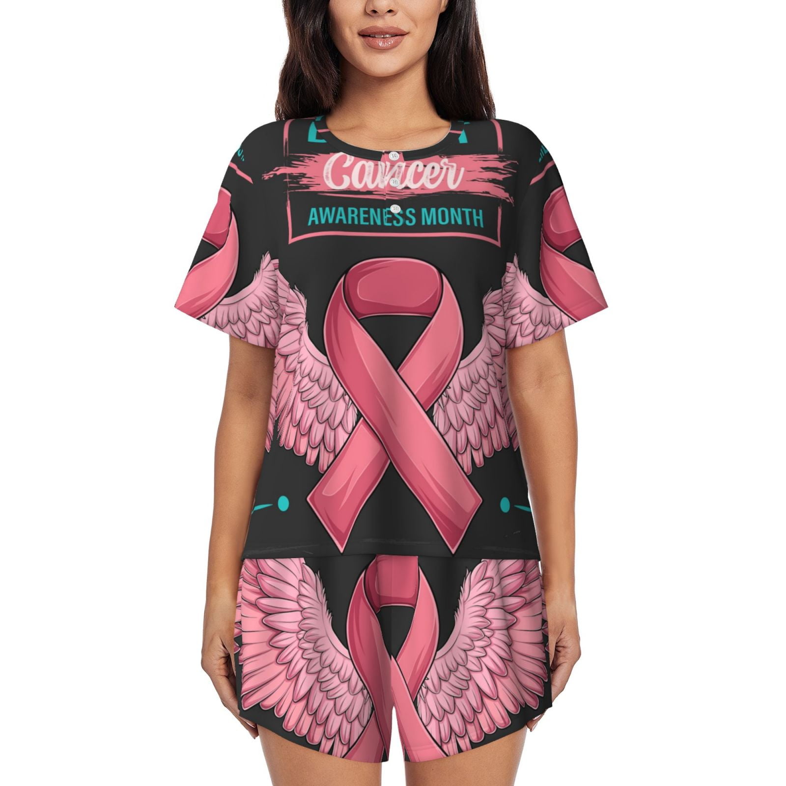 Daiia Ribbon With Angel Wings Pattern Womens Pajama Sets Short Sleeve ...