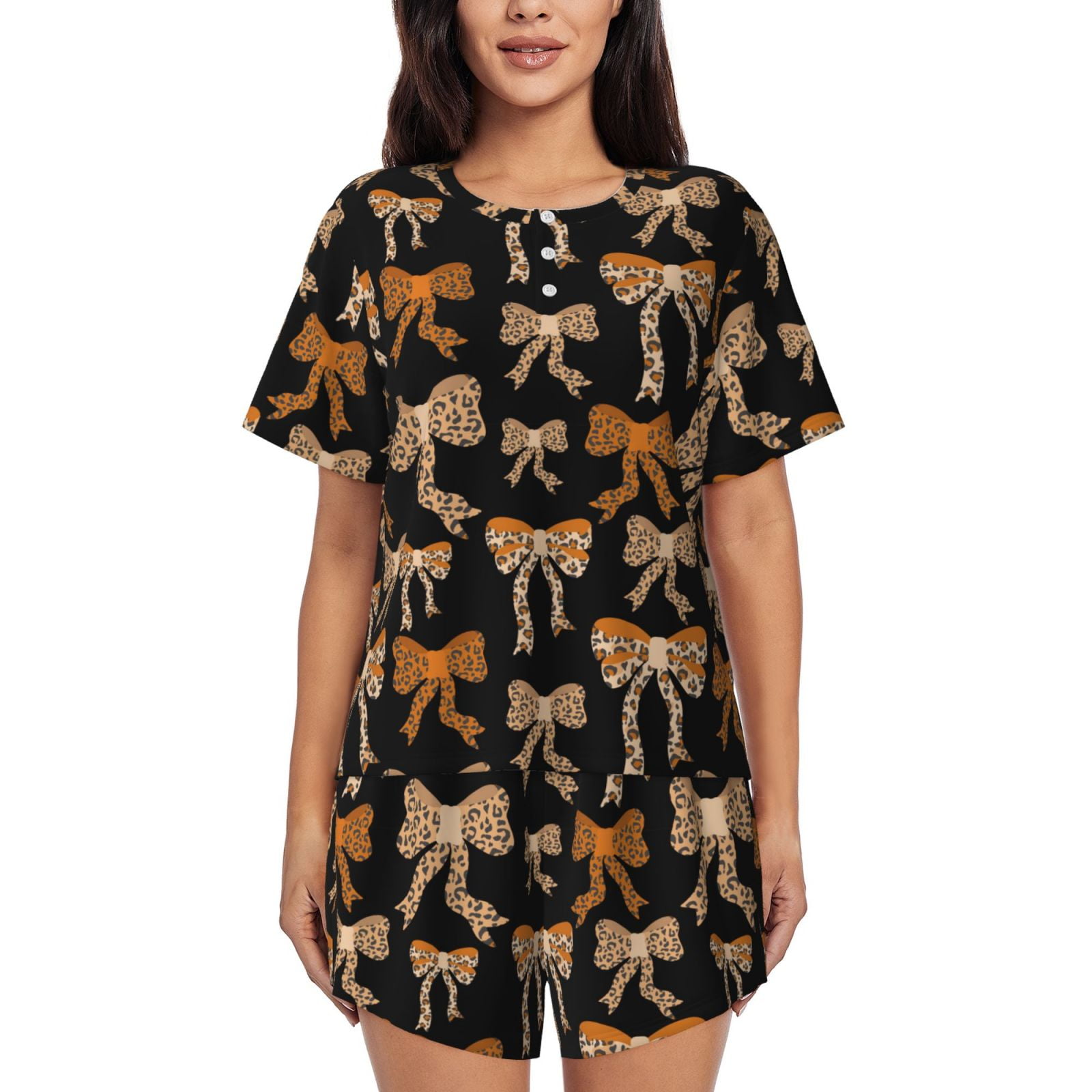 Daiia Ribbon bows with leopard Pattern Womens Pajama Sets Short Sleeve ...