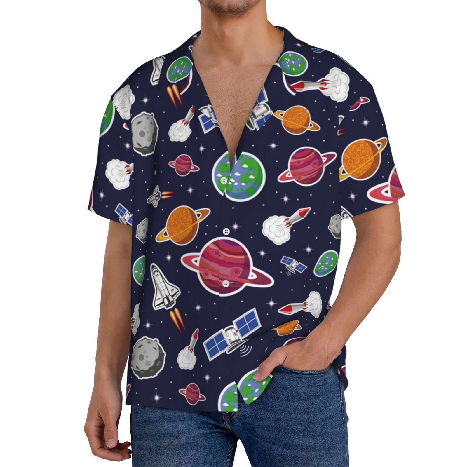 Daiia Rocket Satellite Men's Linen Shirts Short Sleeve Casual Shirts ...