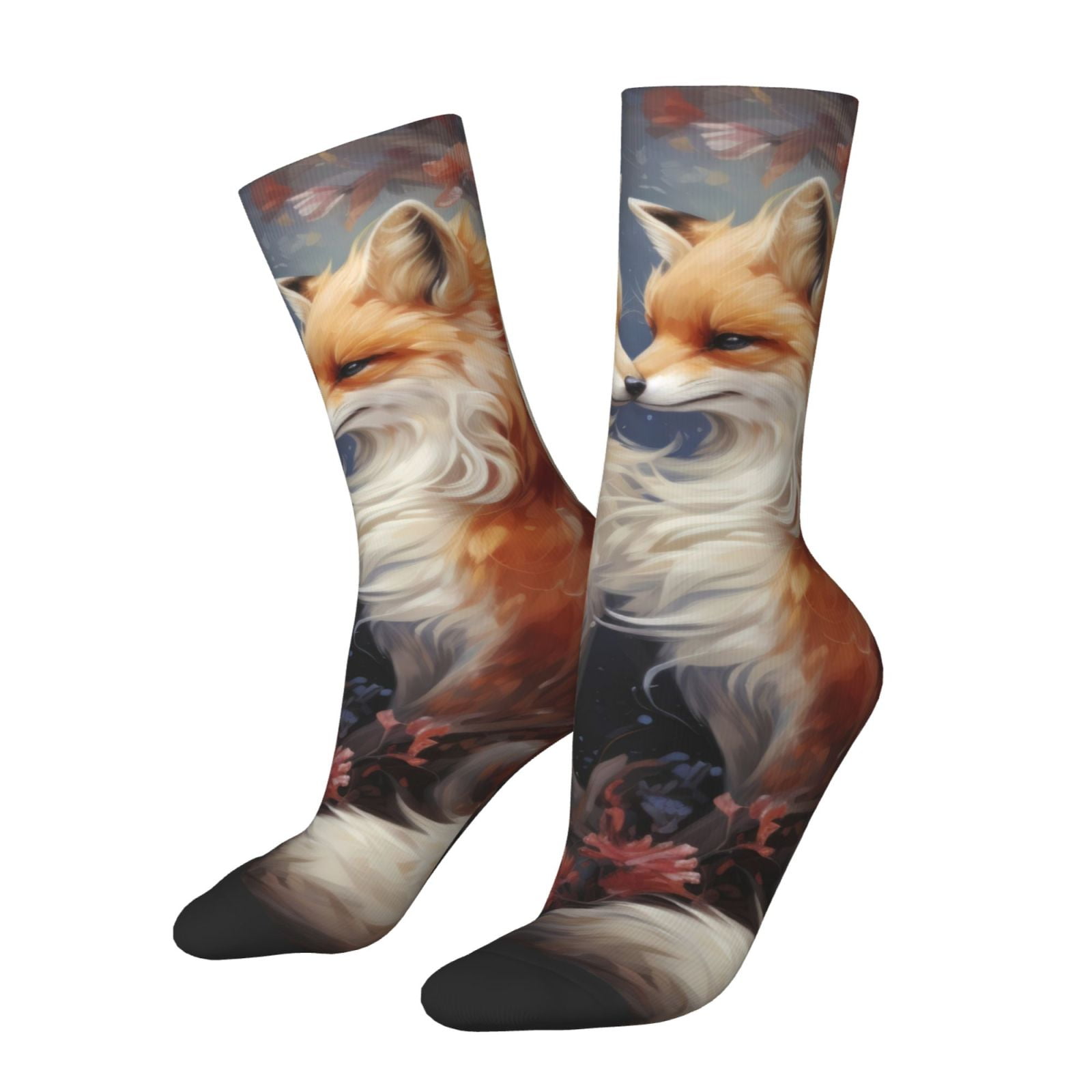 Daiia Romantic Flower Fox Couple Print Crew Socks – Soft Breathable ...