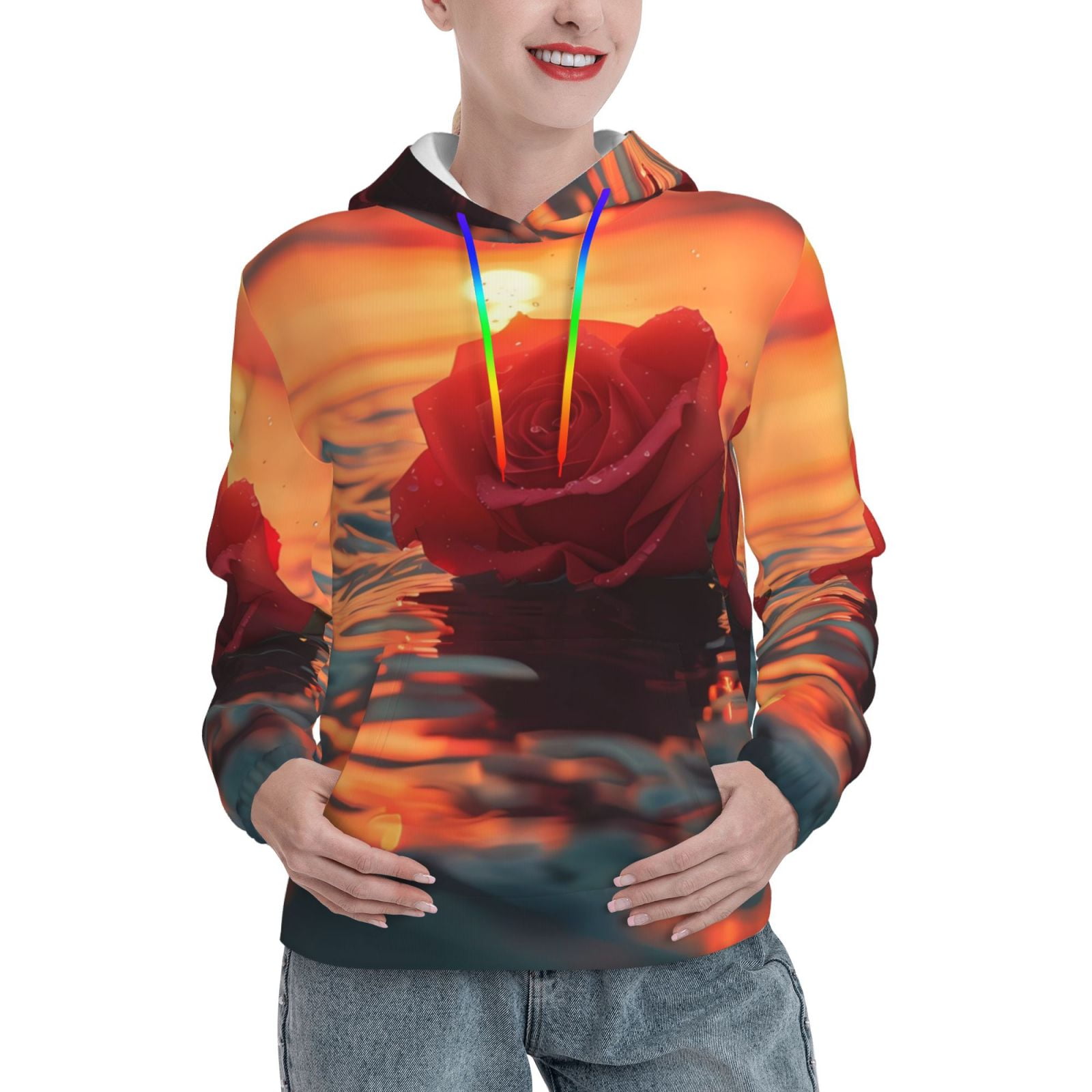 Daiia Romantic Roses Sunset Ocean Pattern Women's Fashion Hoodies ...