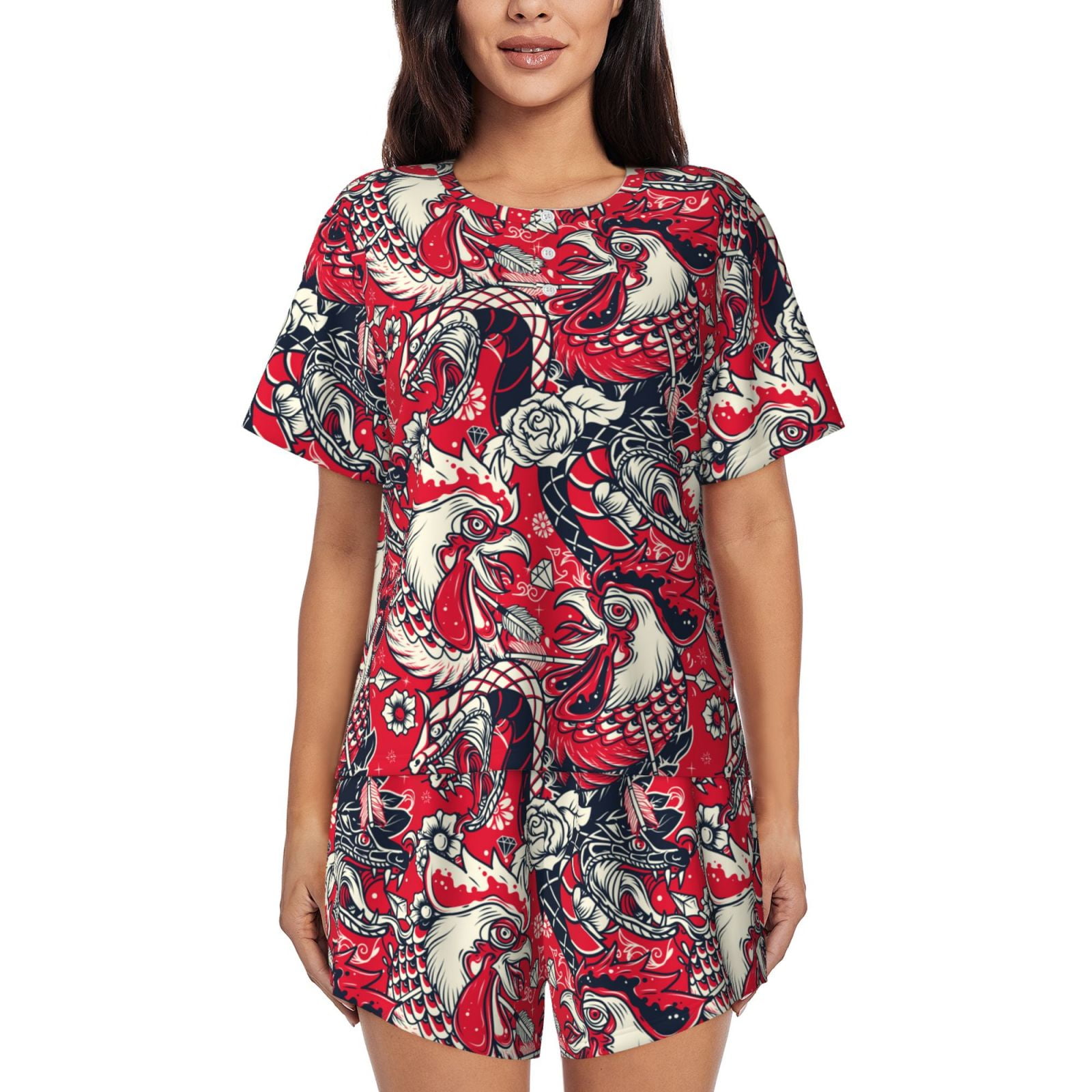 Daiia Rooster Head Pattern Womens Pajama Sets Short Sleeve Pajamas for Women Sets Soft Lounge ...
